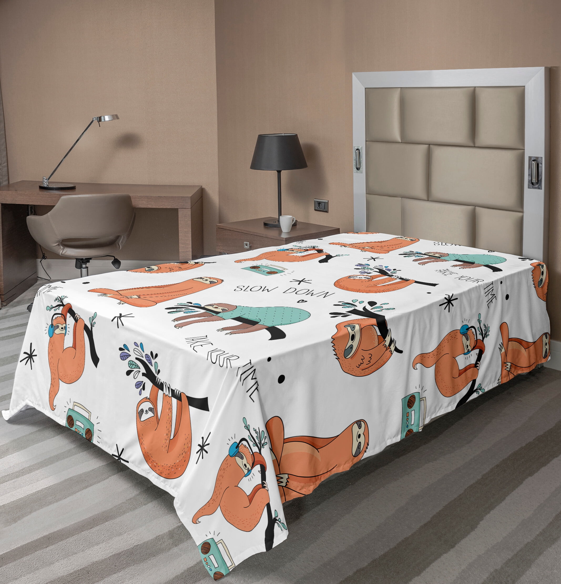 Ambesonne Sloth Flat Sheet, Sloths on Branches, TwinXL Size, Pale Blue ...