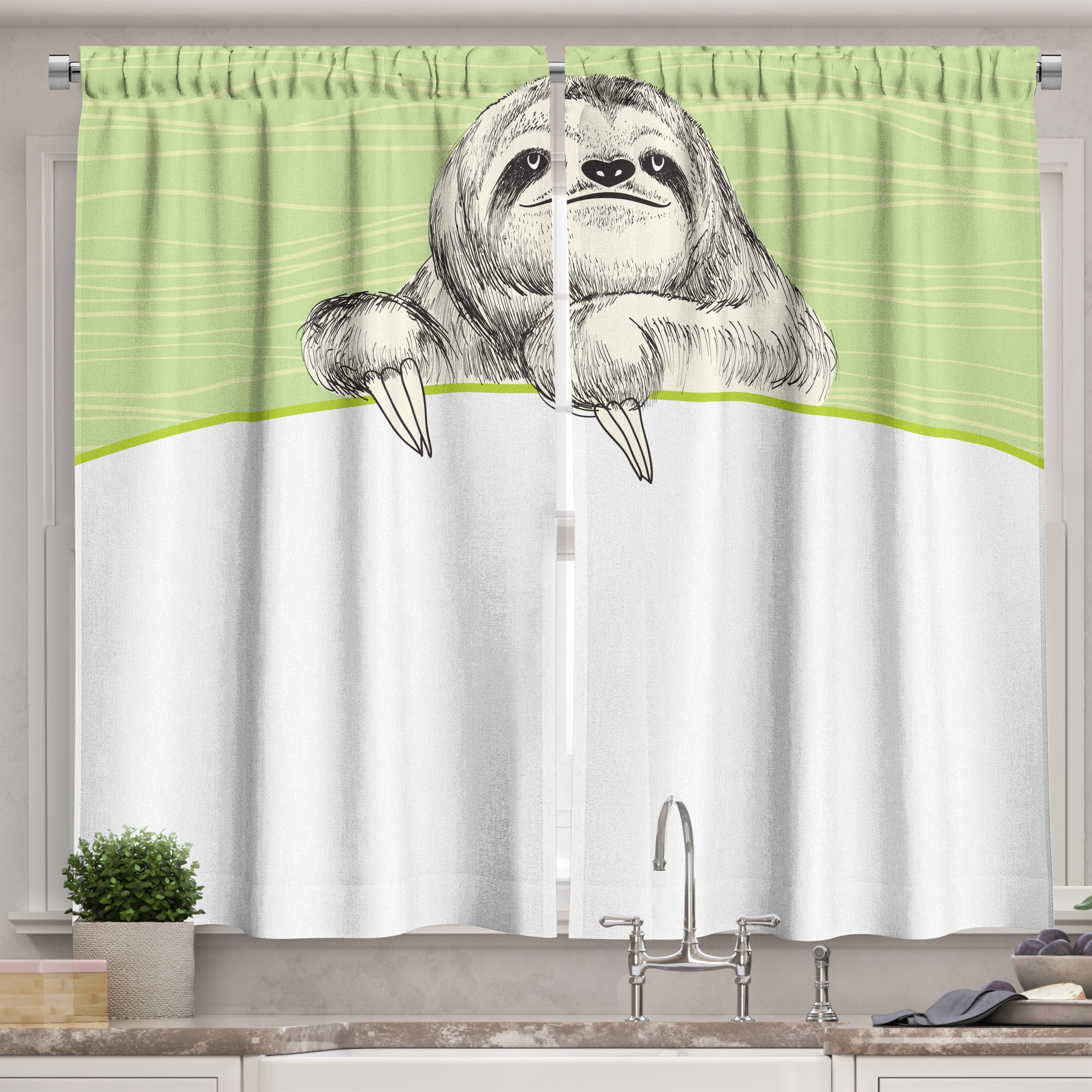 Ambesonne Sloth Kitchen Curtains, Idle Sloth Abstract Green, 55"x45 ...