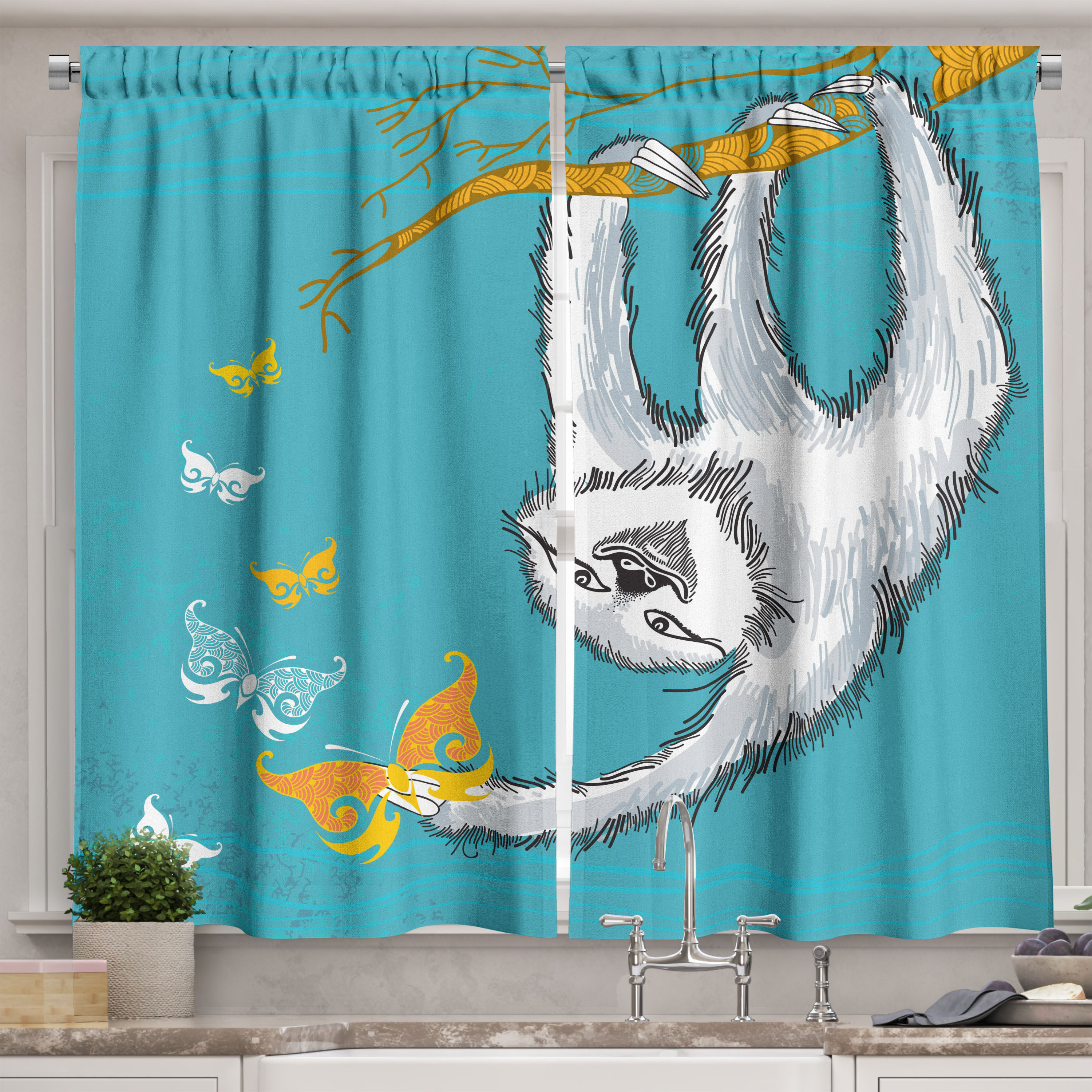 Ambesonne Sloth Kitchen Curtains, Sketchy Sloth Butterflies, 55"x39 ...