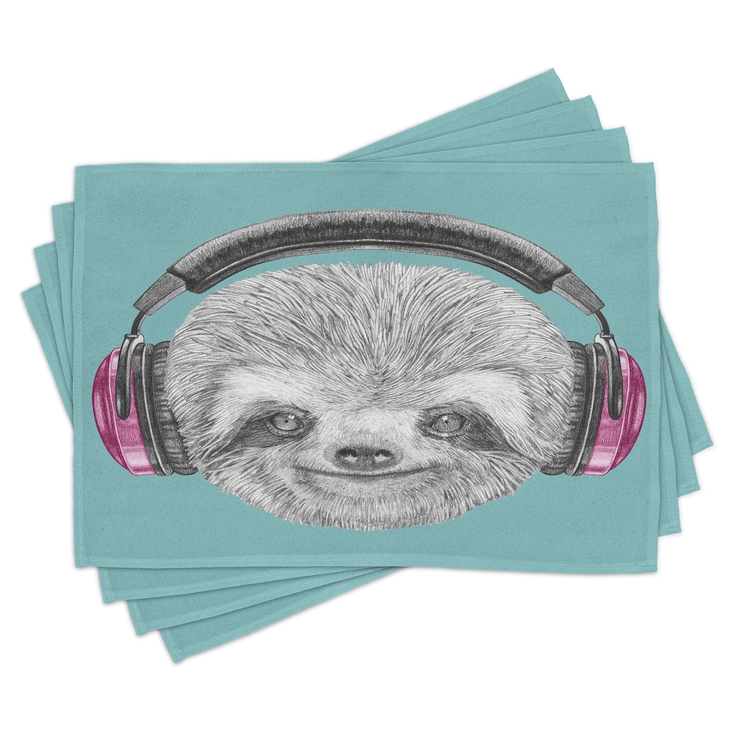 Ambesonne Sloth Place Mats Set of 4, DJ Sloth Headphones, Standard Size ...