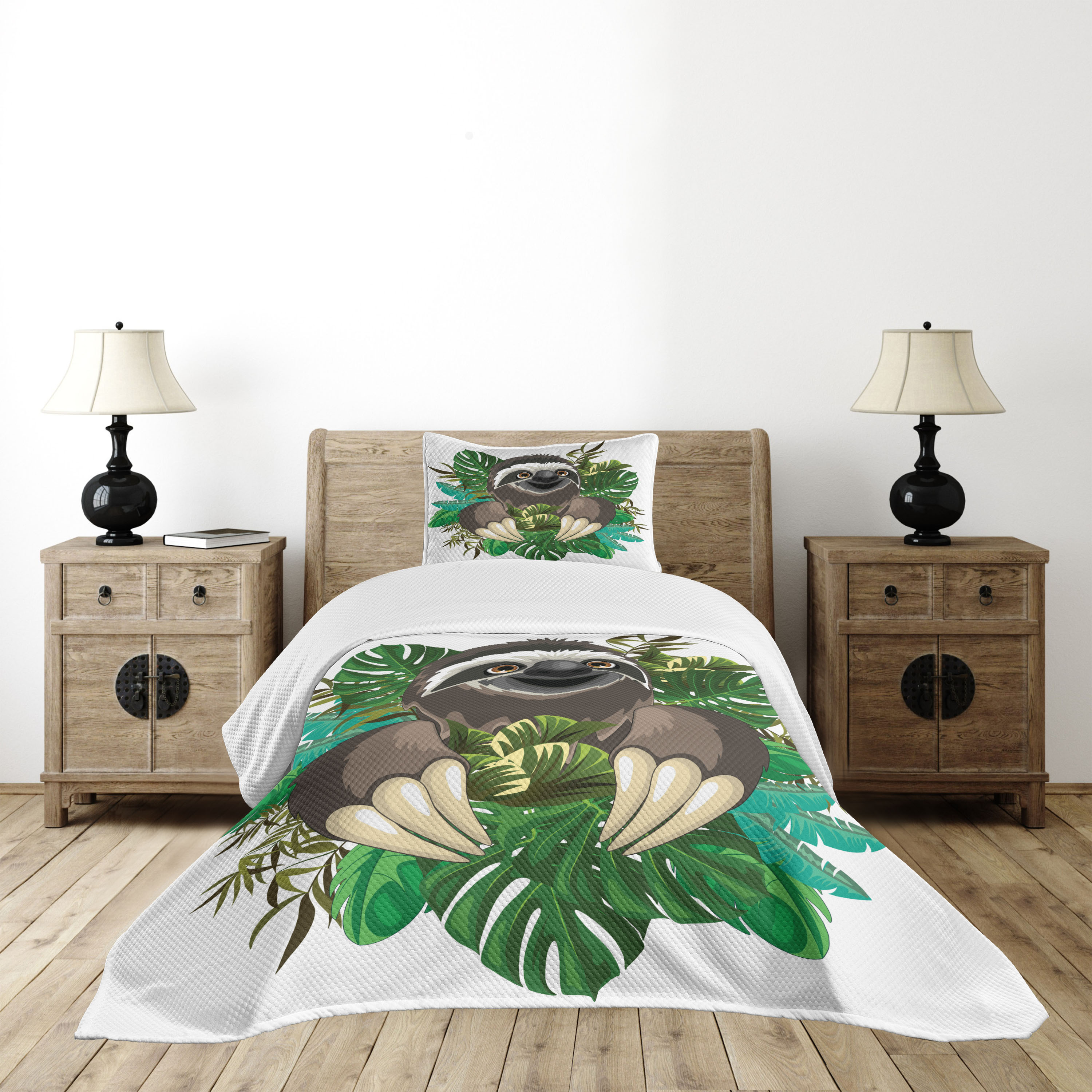 Ambesonne Sloth Quilted Bedspread Set 2 Pcs, Cartoon Mammal Jungle ...
