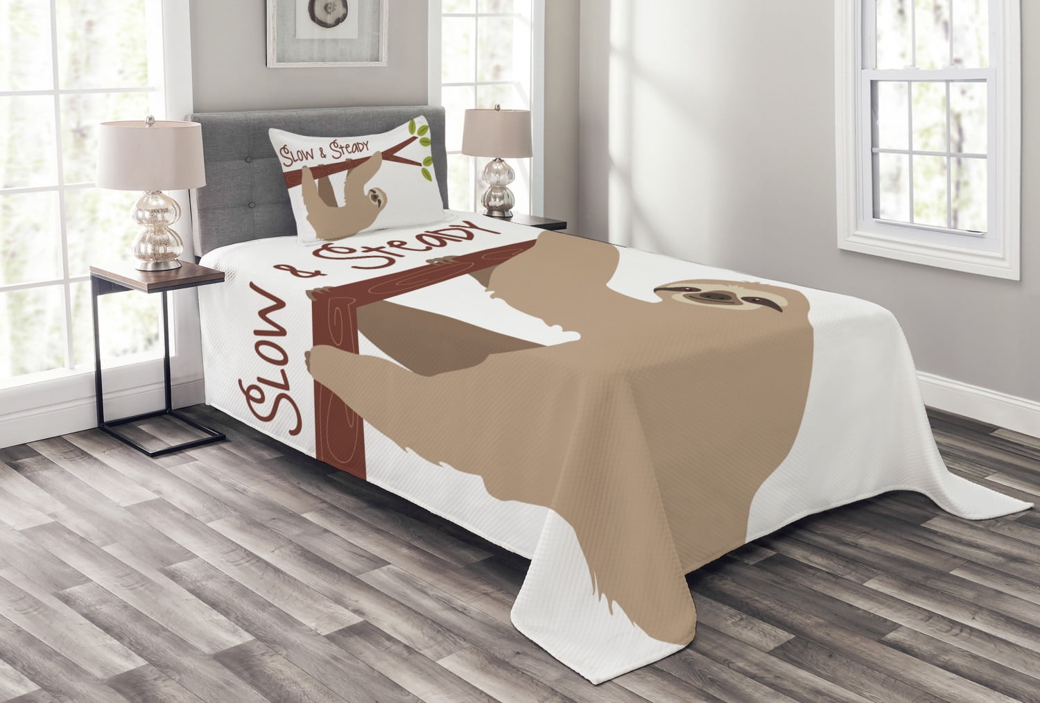 Ambesonne Sloth Quilted Bedspread Set 2 Pcs, Cartoon Wildlife Mammal ...