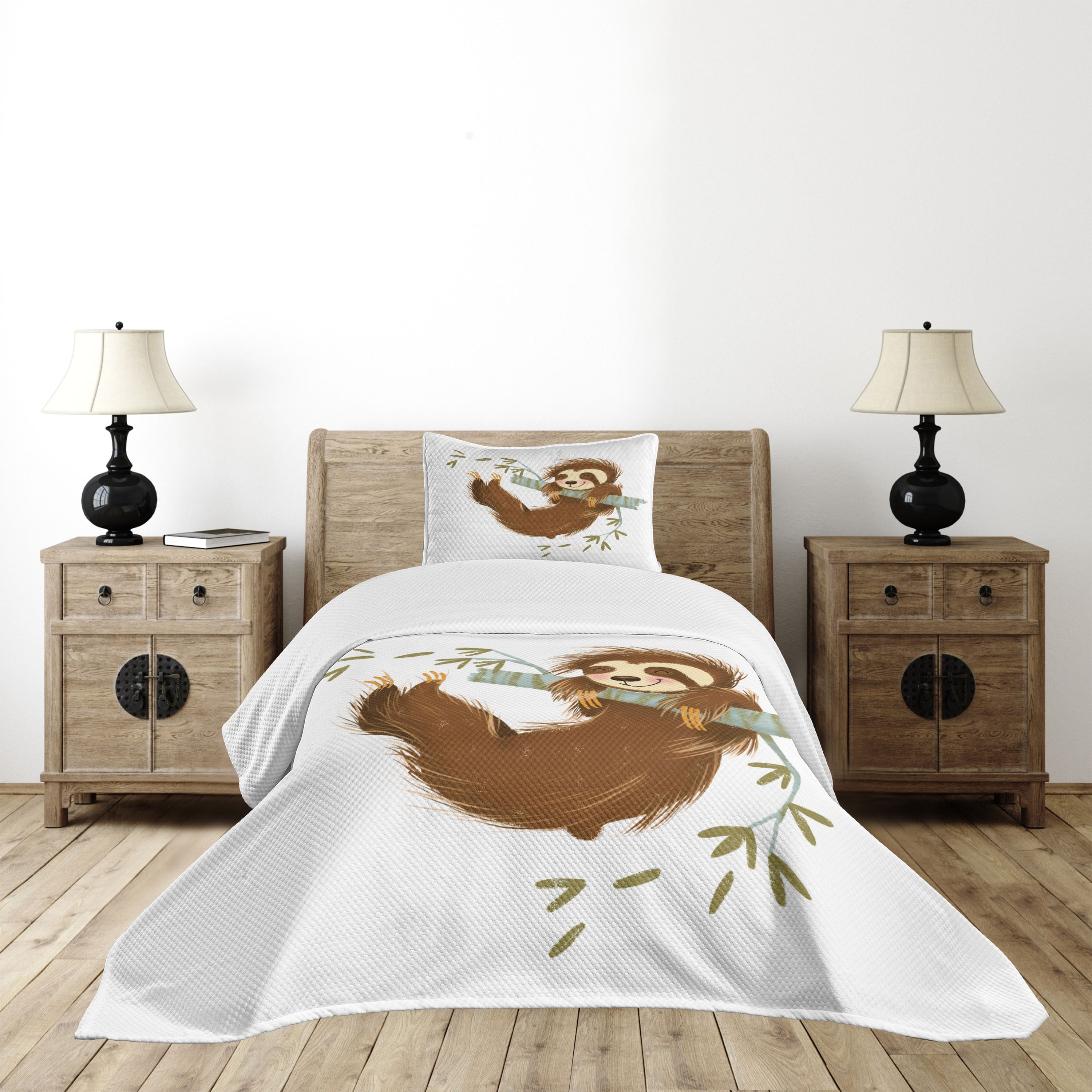 Ambesonne Sloth Quilted Bedspread Set 2 Pcs, Cheerful Animal on Tree ...