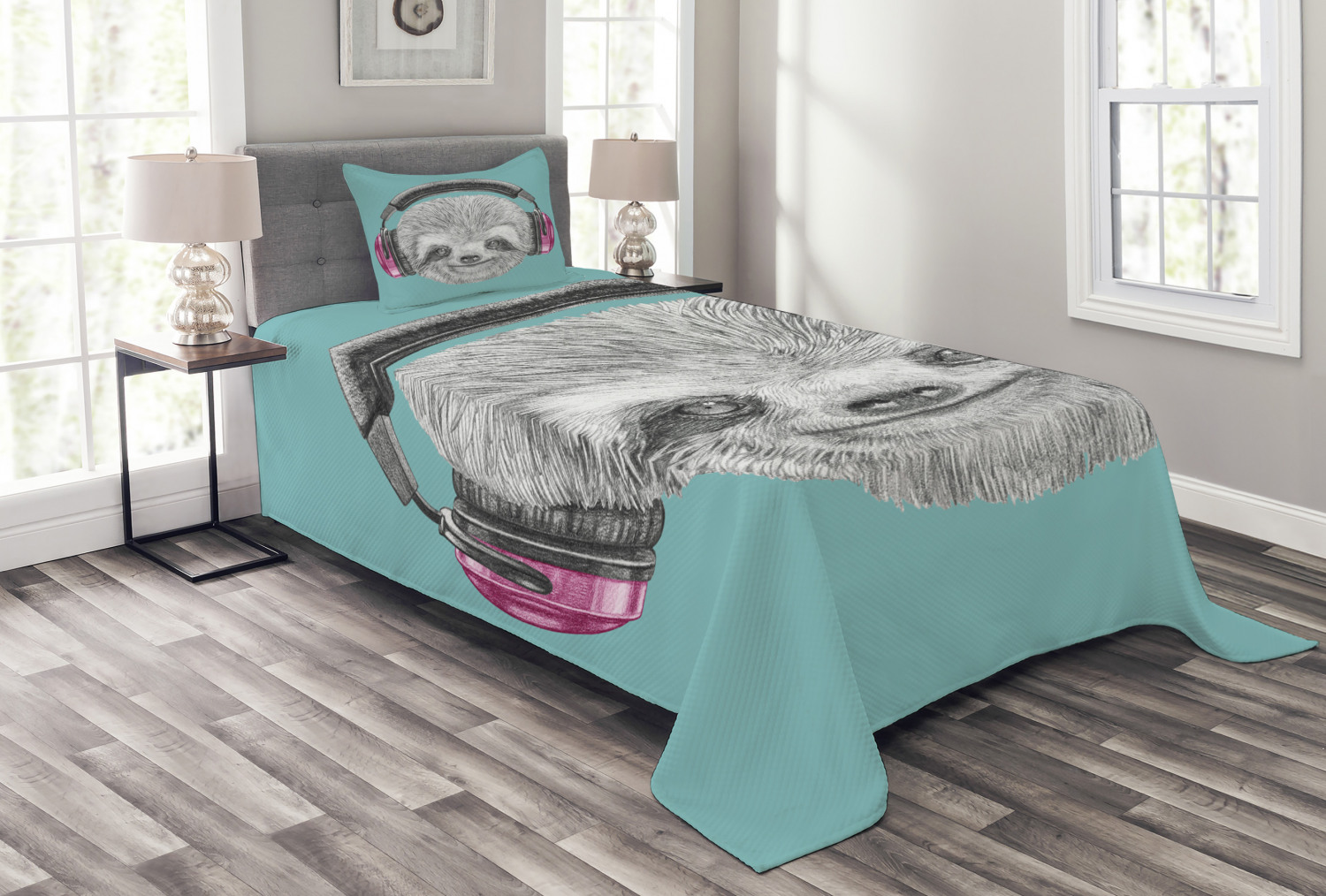 Ambesonne Sloth Quilted Bedspread Set 2 Pcs, DJ Sloth Headphones, Twin ...