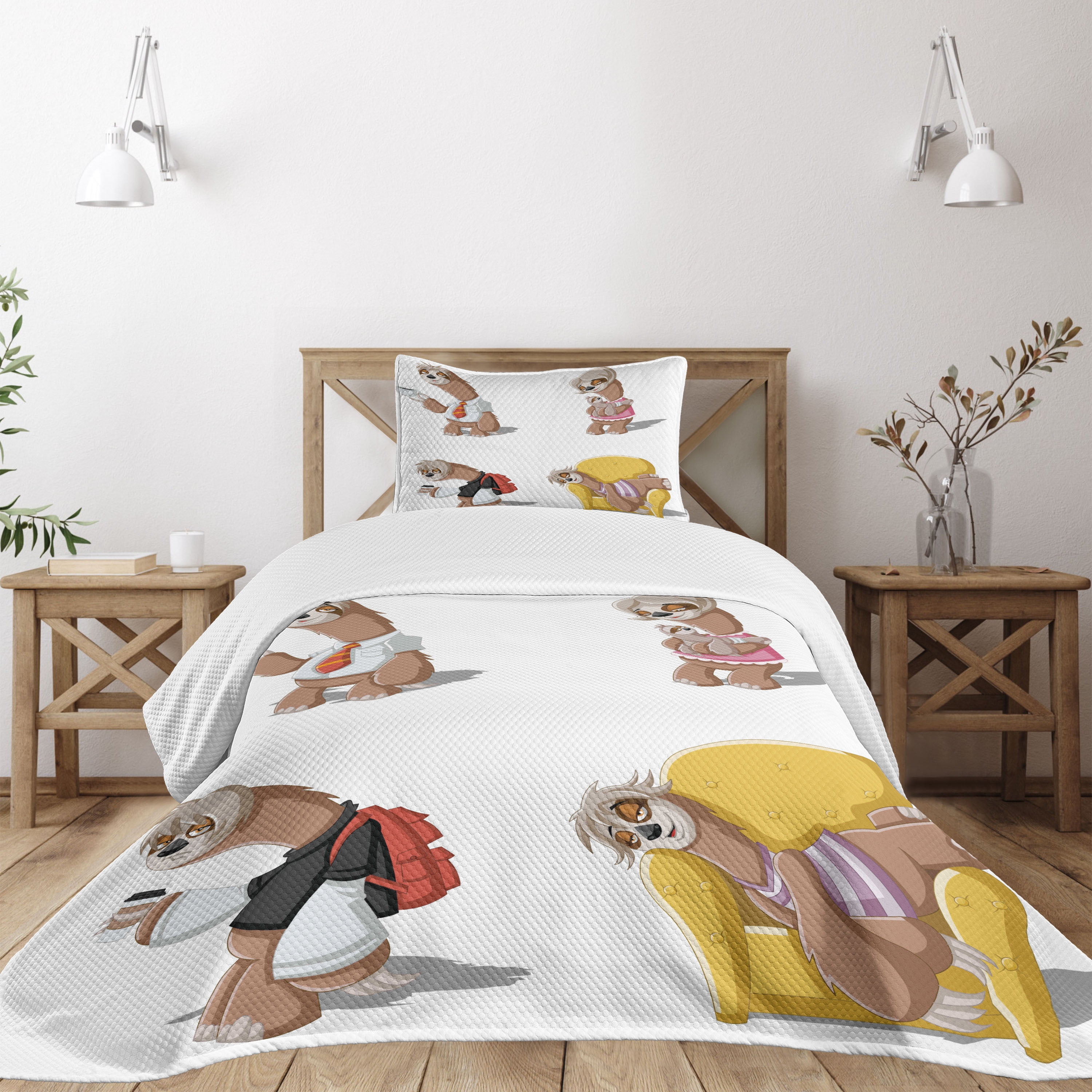 Ambesonne Sloth Quilted Bedspread Set 2 Pcs, Lazy Sloth Family Cartoon ...