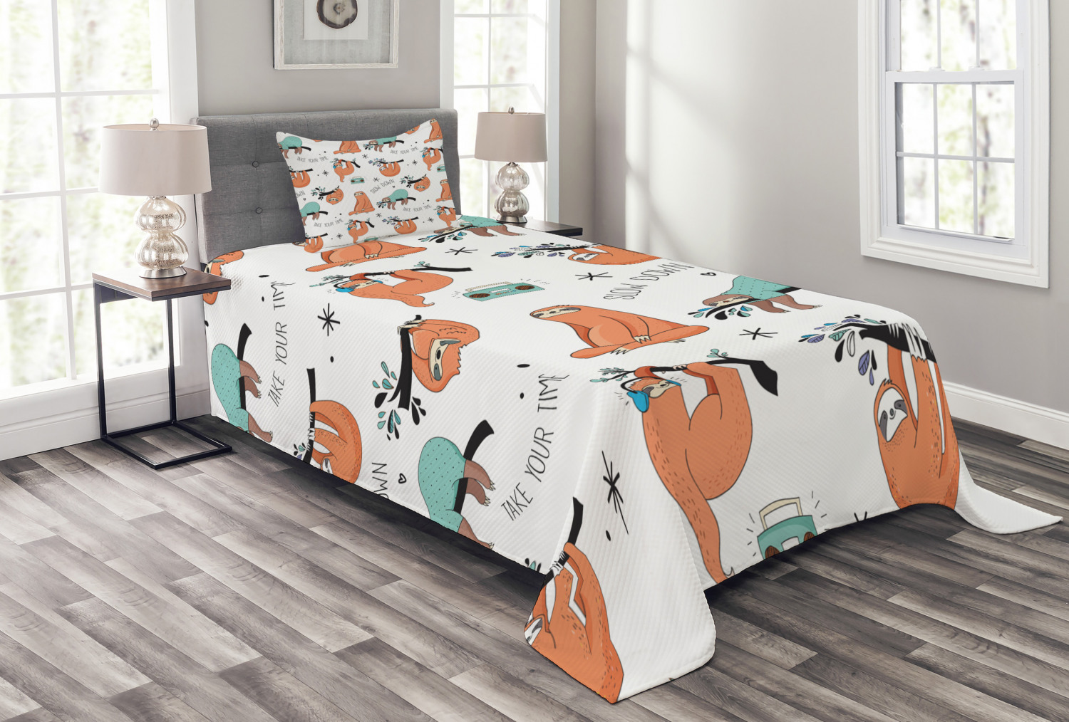 Ambesonne Sloth Quilted Bedspread Set 2 Pcs, Sloths on Branches, Twin ...