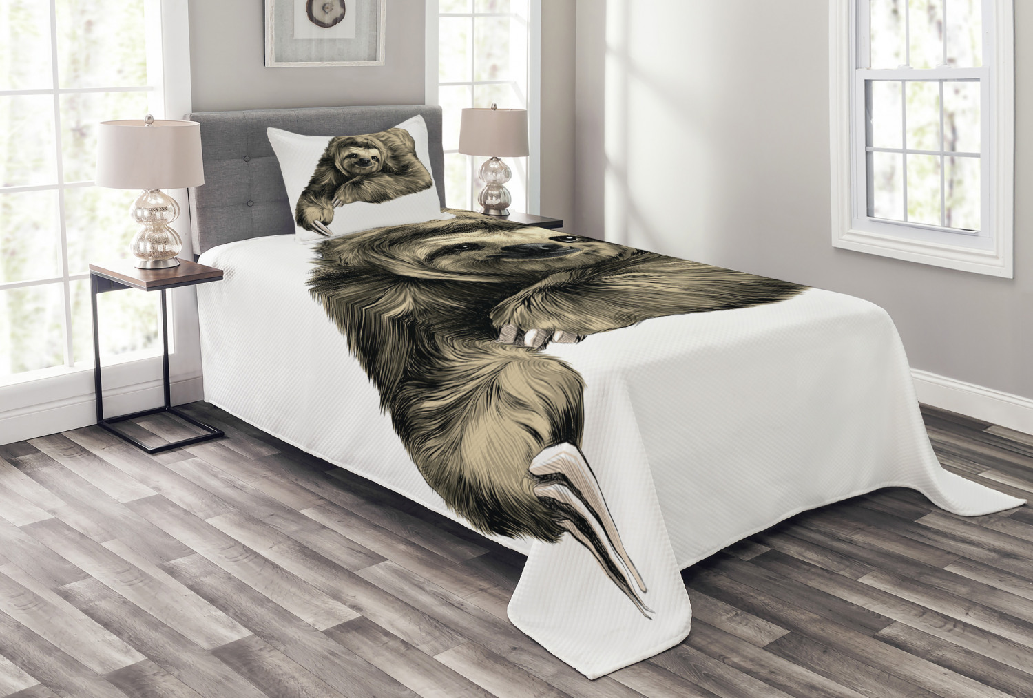 Ambesonne Sloth Quilted Bedspread Set 2 Pcs, Tropical Animal Smiling ...