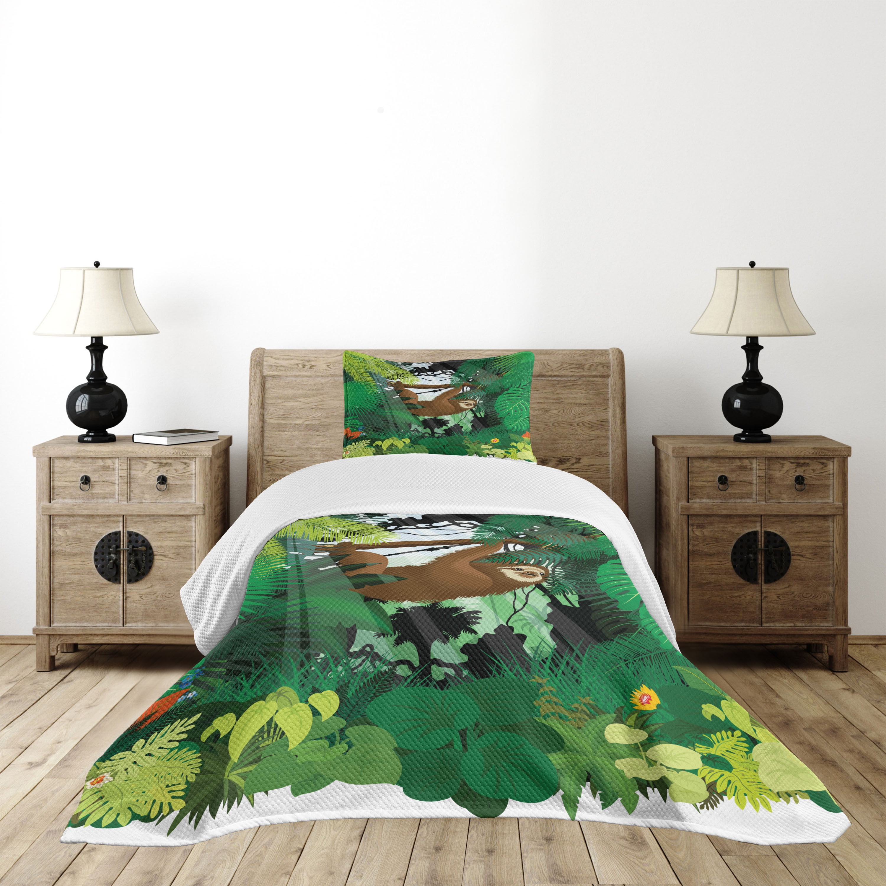 Ambesonne Sloth Quilted Bedspread Set 2 Pcs, Vibrant Rainforest Plants ...