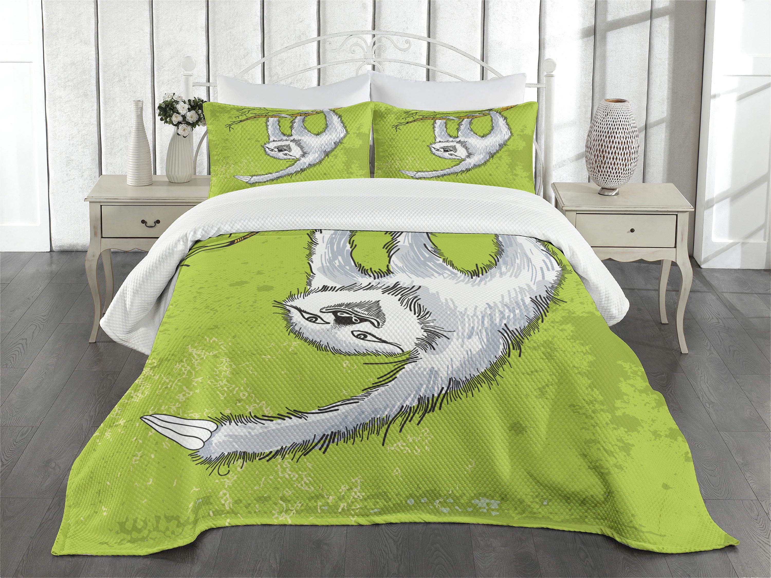 Ambesonne Sloth Quilted Bedspread Set 3 Pcs, Animal Branch, King Size ...