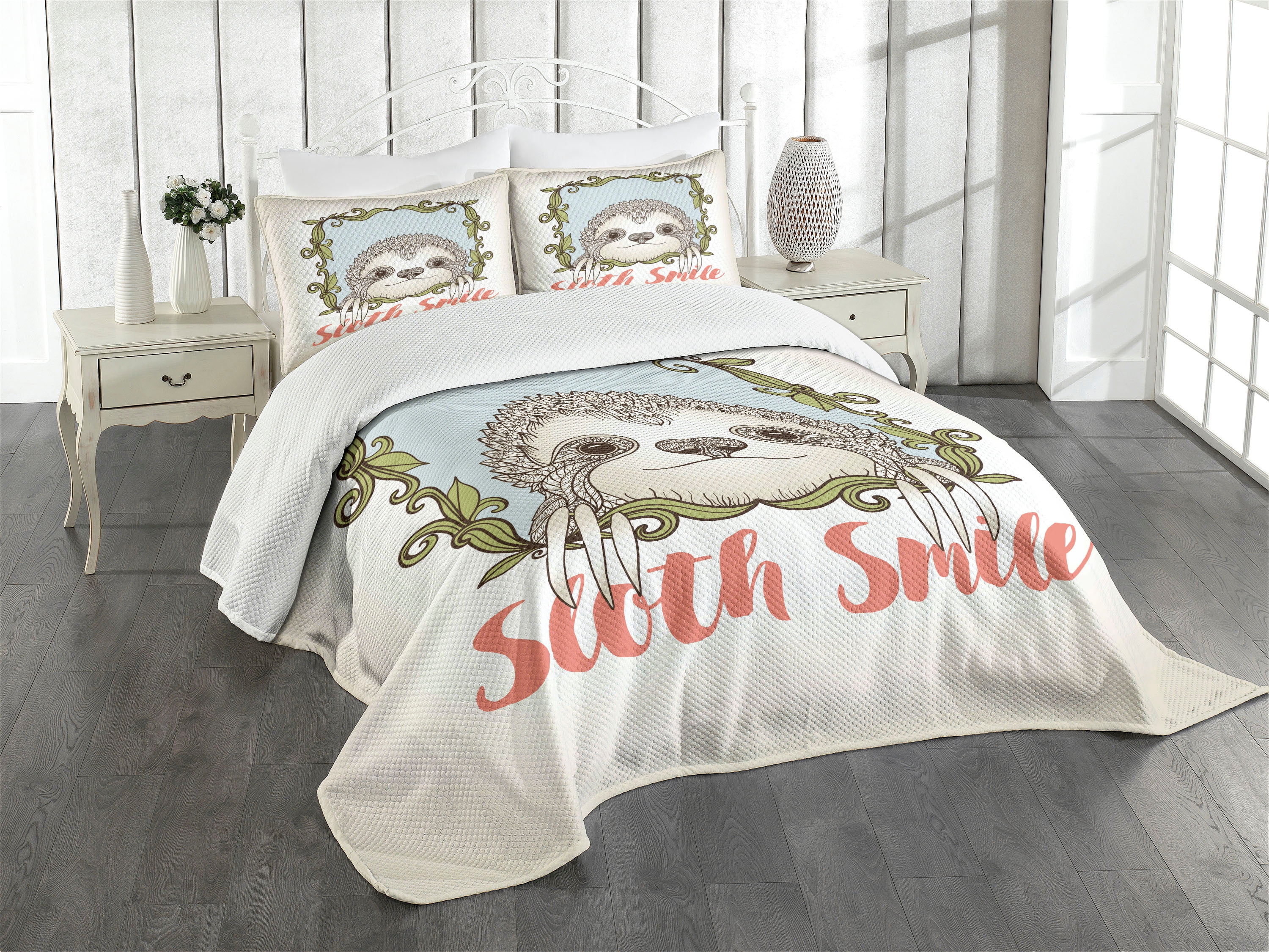 Ambesonne Sloth Quilted Bedspread Set 3 Pcs, Animal Floral Frame, King ...