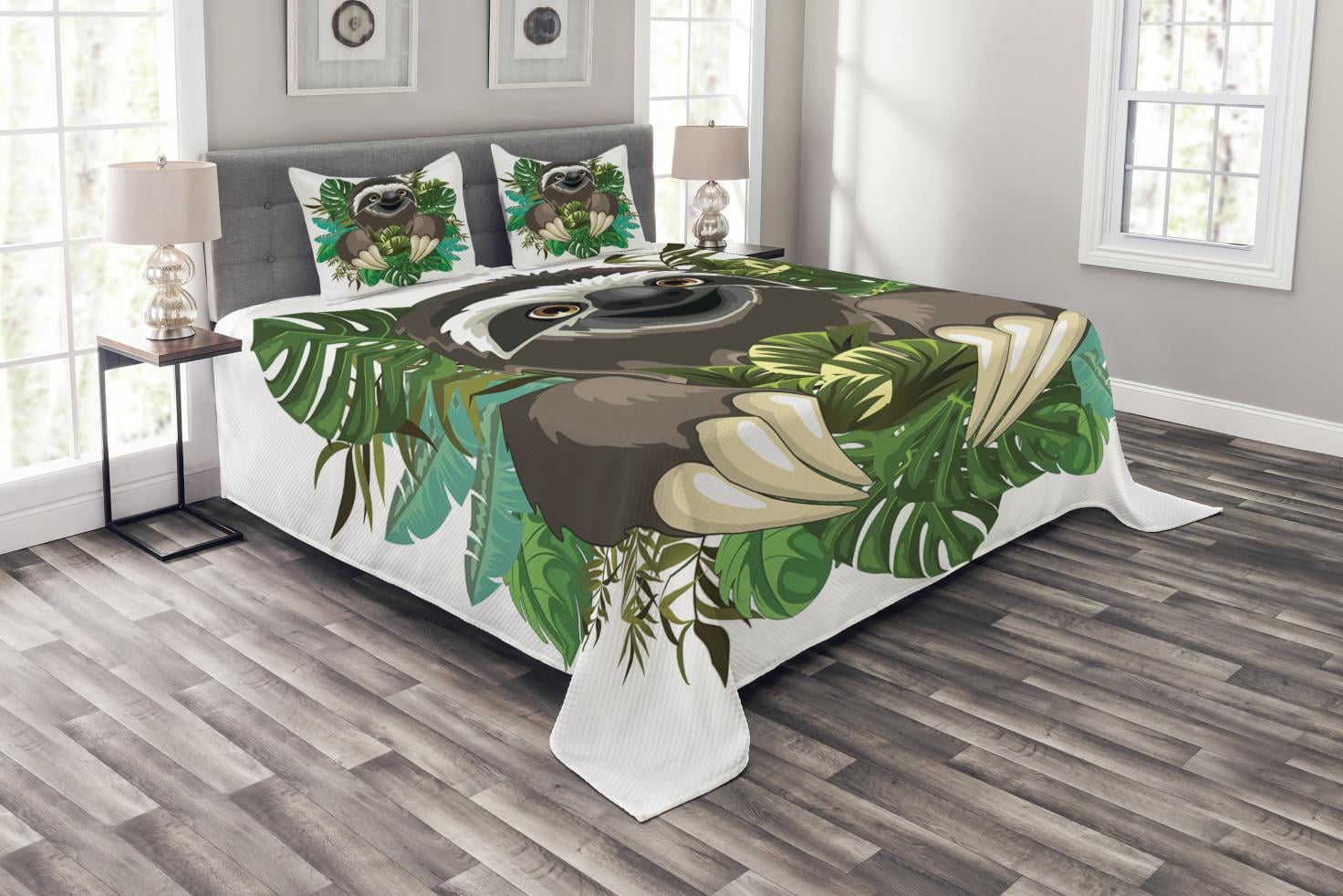 Ambesonne Sloth Quilted Bedspread Set 3 Pcs, Cartoon Mammal Jungle ...