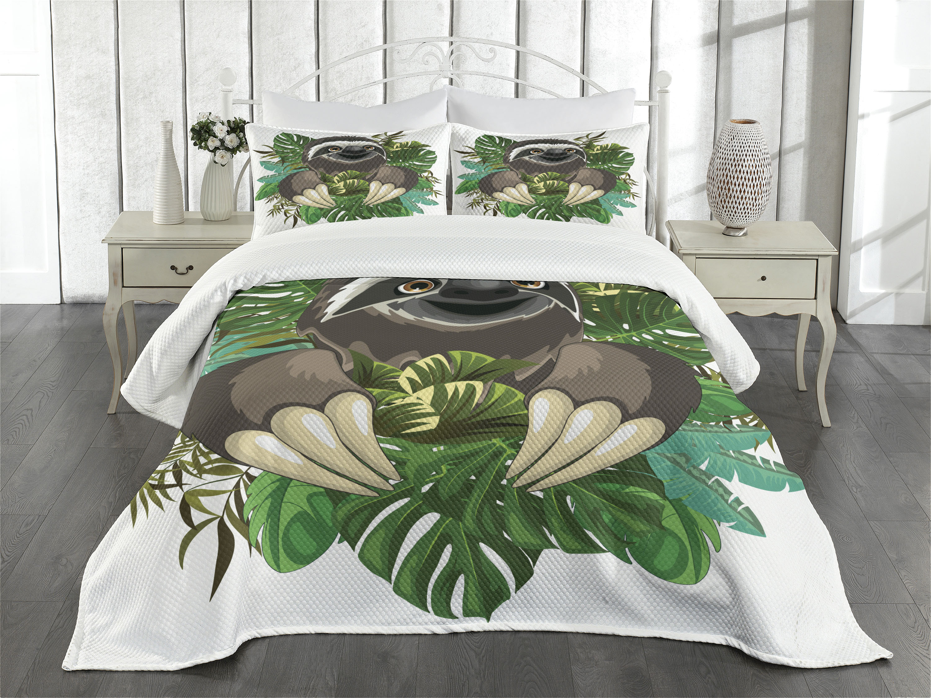 Ambesonne Sloth Quilted Bedspread Set 3 Pcs, Cartoon Mammal Jungle ...