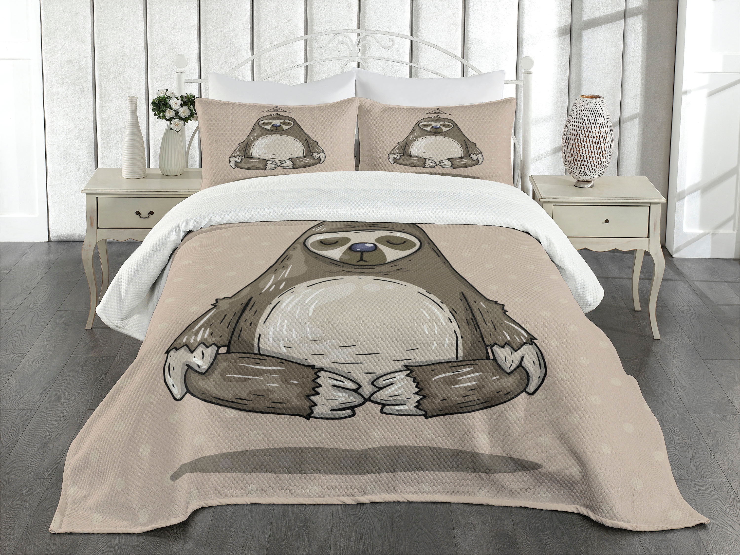 Ambesonne Sloth Quilted Bedspread Set 3 Pcs, Cartoon Sloth Meditates ...