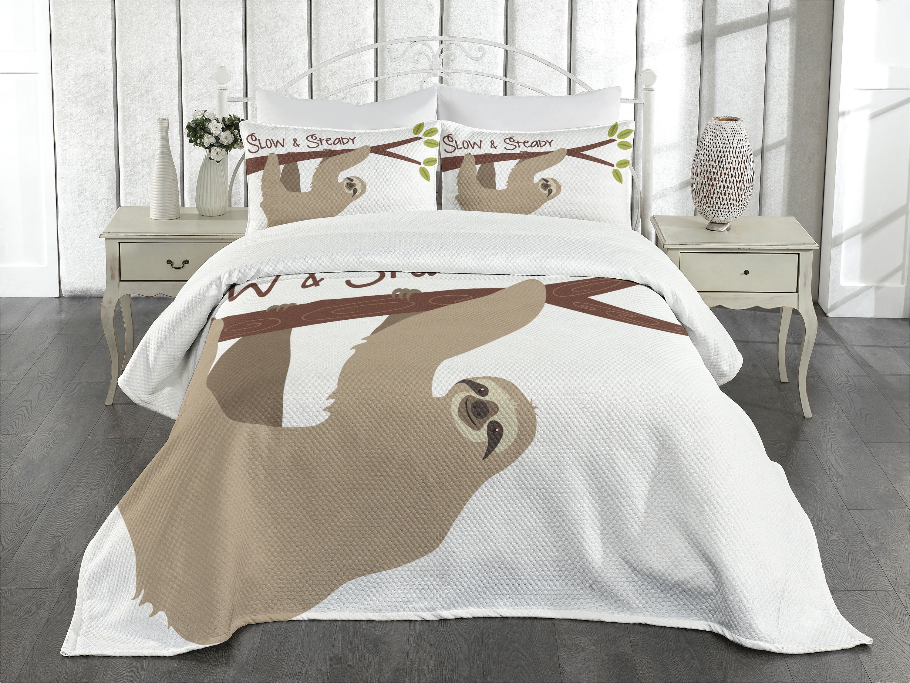 Ambesonne Sloth Quilted Bedspread Set 3 Pcs, Cartoon Wildlife Mammal ...