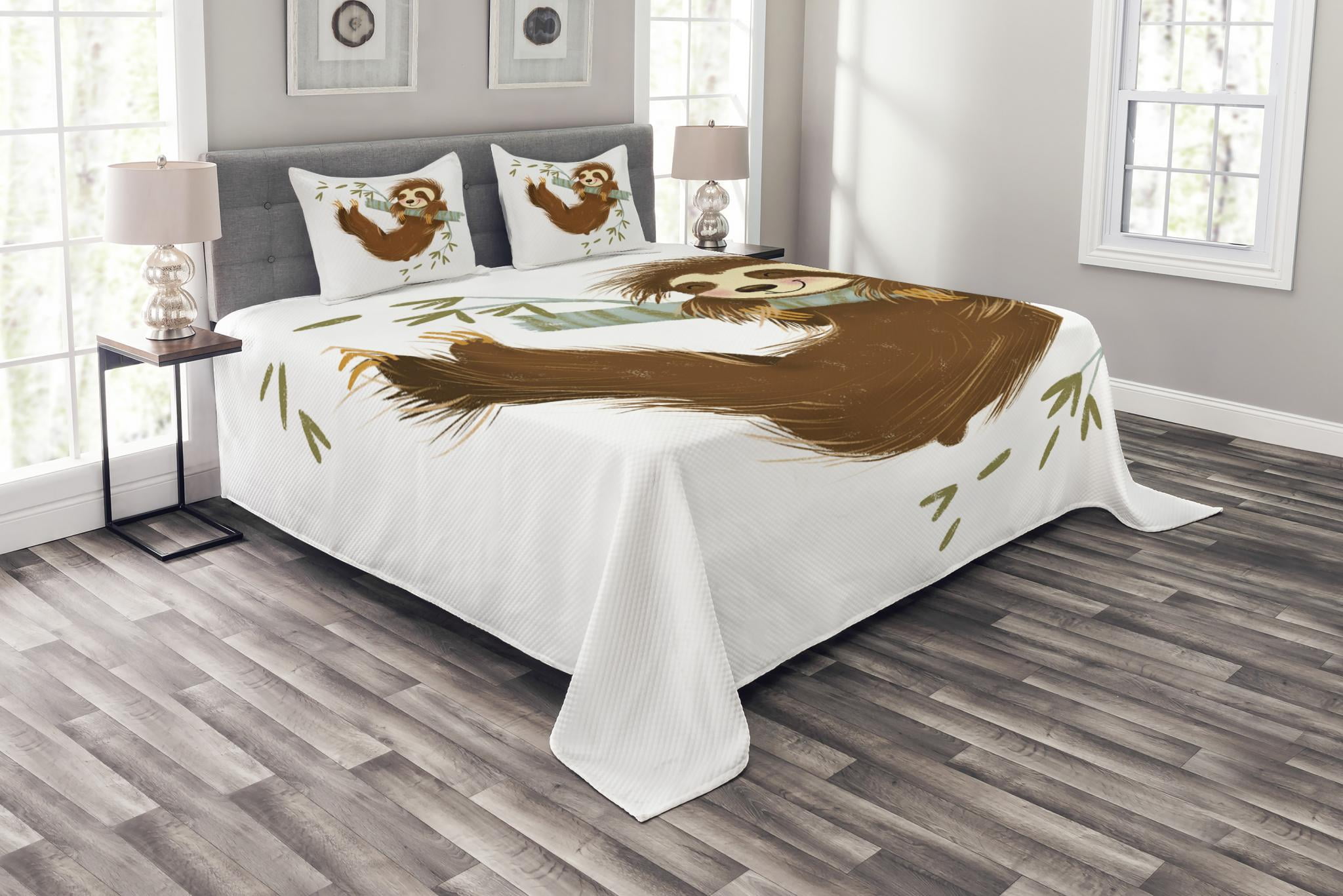 Ambesonne Sloth Quilted Bedspread Set 3 Pcs, Cheerful Animal on Tree ...