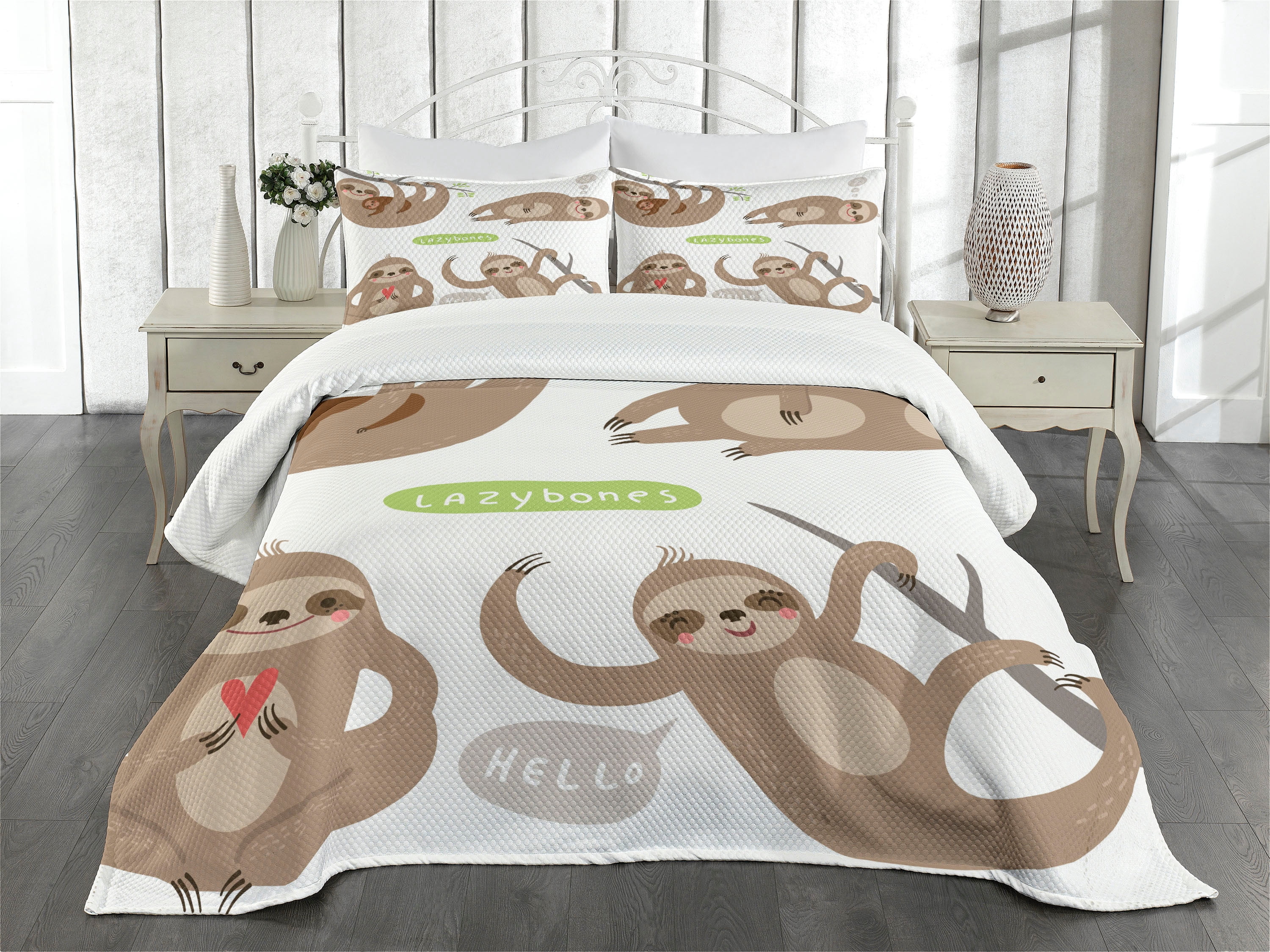 Ambesonne Sloth Quilted Bedspread Set 3 Pcs, Composition Animal, Queen ...