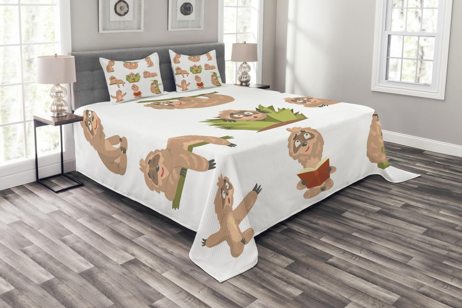 Ambesonne Sloth Quilted Bedspread Set 3 Pcs, Different Posed Animals ...
