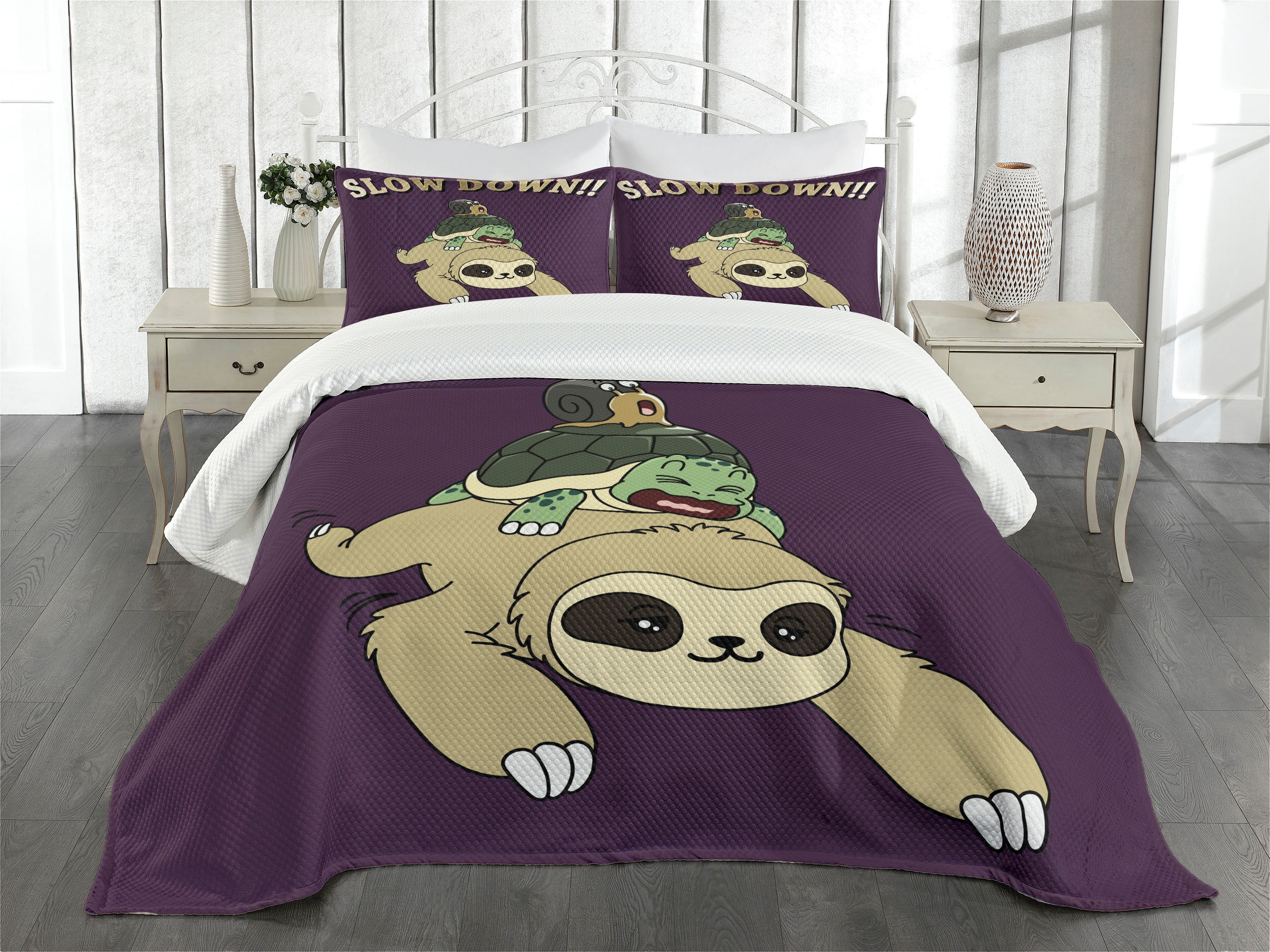 Ambesonne Sloth Quilted Bedspread Set 3 Pcs, Funny Cartoon Scenery ...