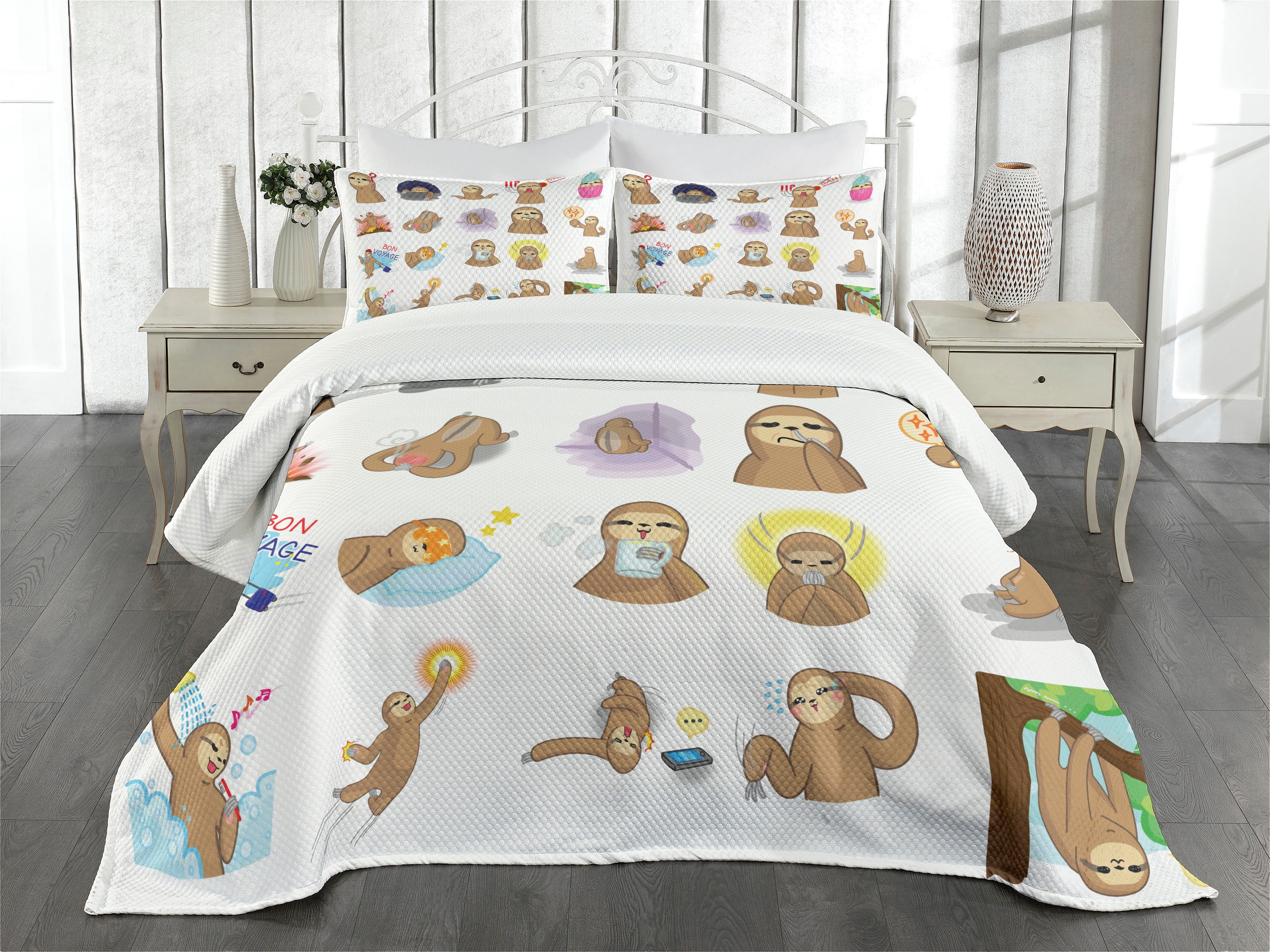Ambesonne Sloth Quilted Bedspread Set 3 Pcs, Manga Style Characters ...