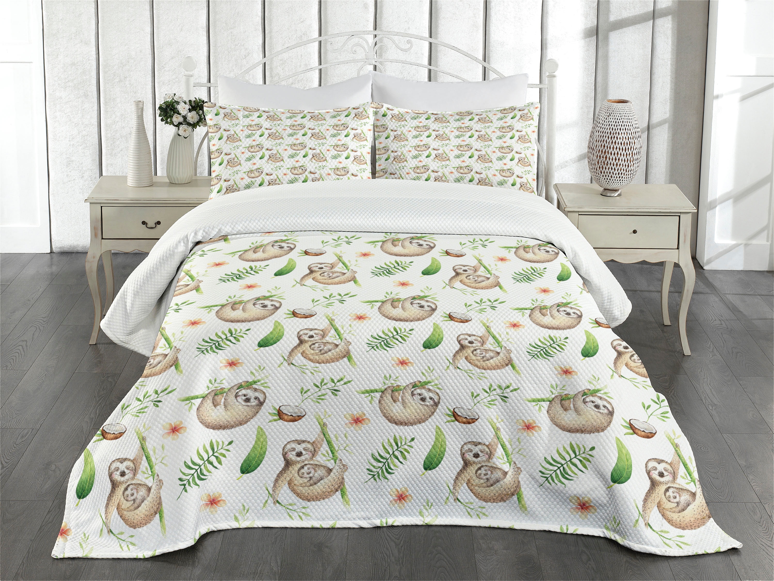 Ambesonne Sloth Quilted Bedspread Set 3 Pcs, Mother and Flowers, Queen ...