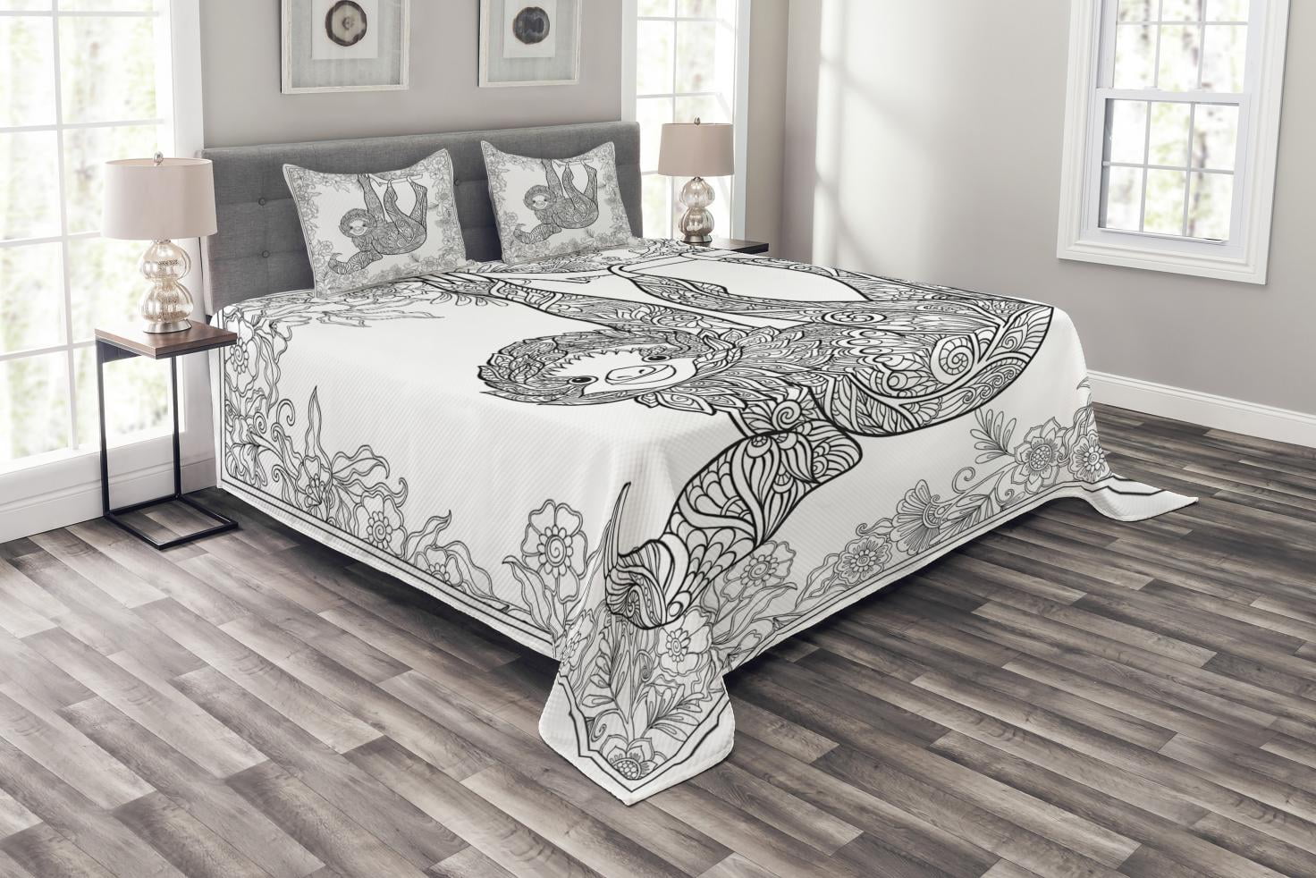 Ambesonne Sloth Quilted Bedspread Set 3 Pcs, Outline Drawing Jungle ...