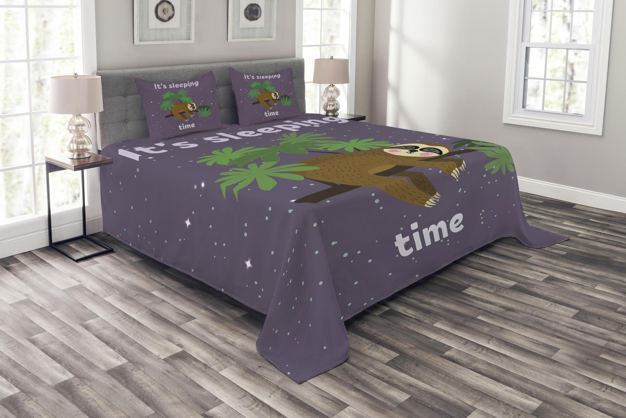Ambesonne Sloth Quilted Bedspread Set 3 Pcs, Sleeping Time Wording ...