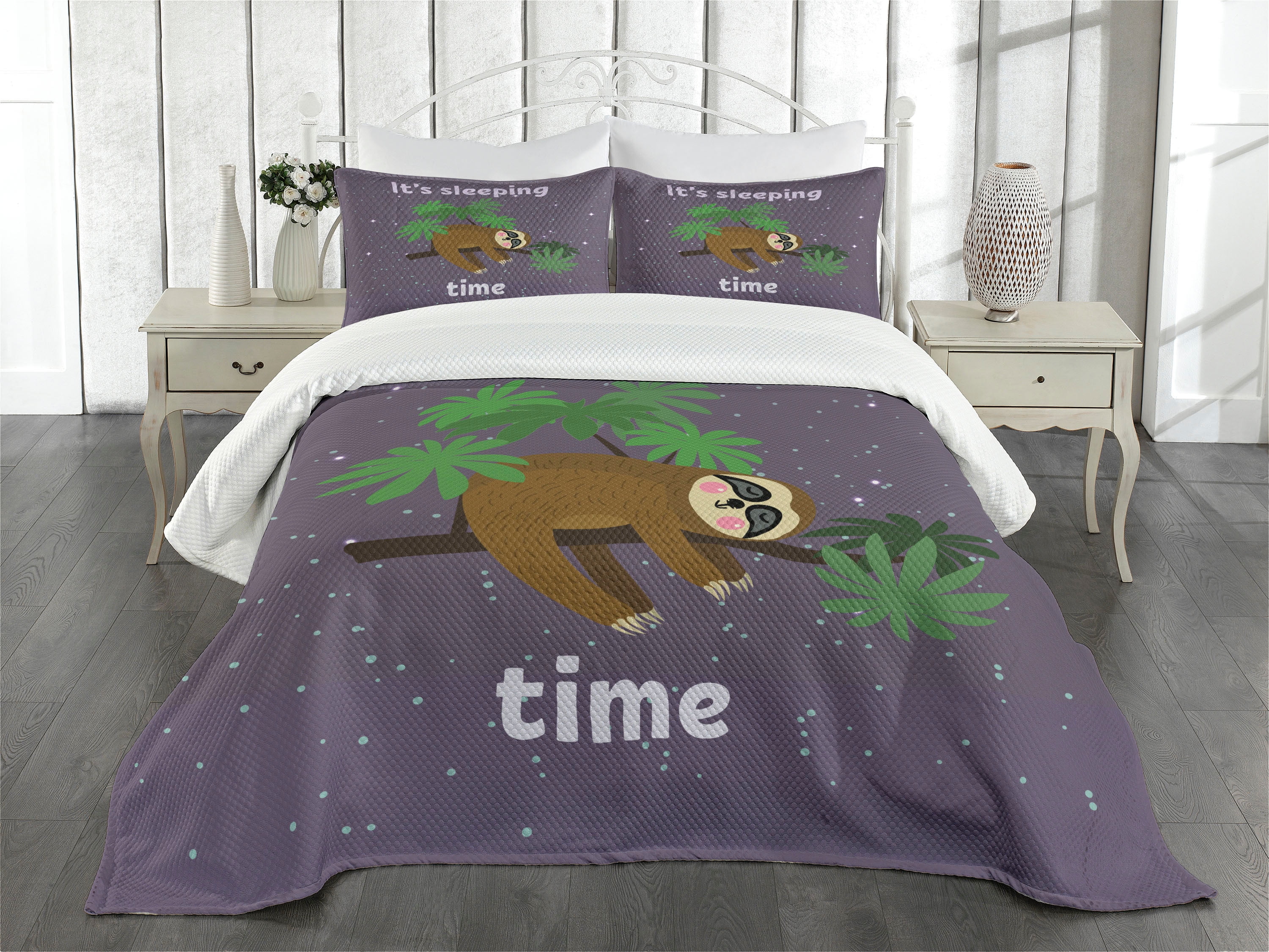 Ambesonne Sloth Quilted Bedspread Set 3 Pcs, Sleeping Time Wording ...