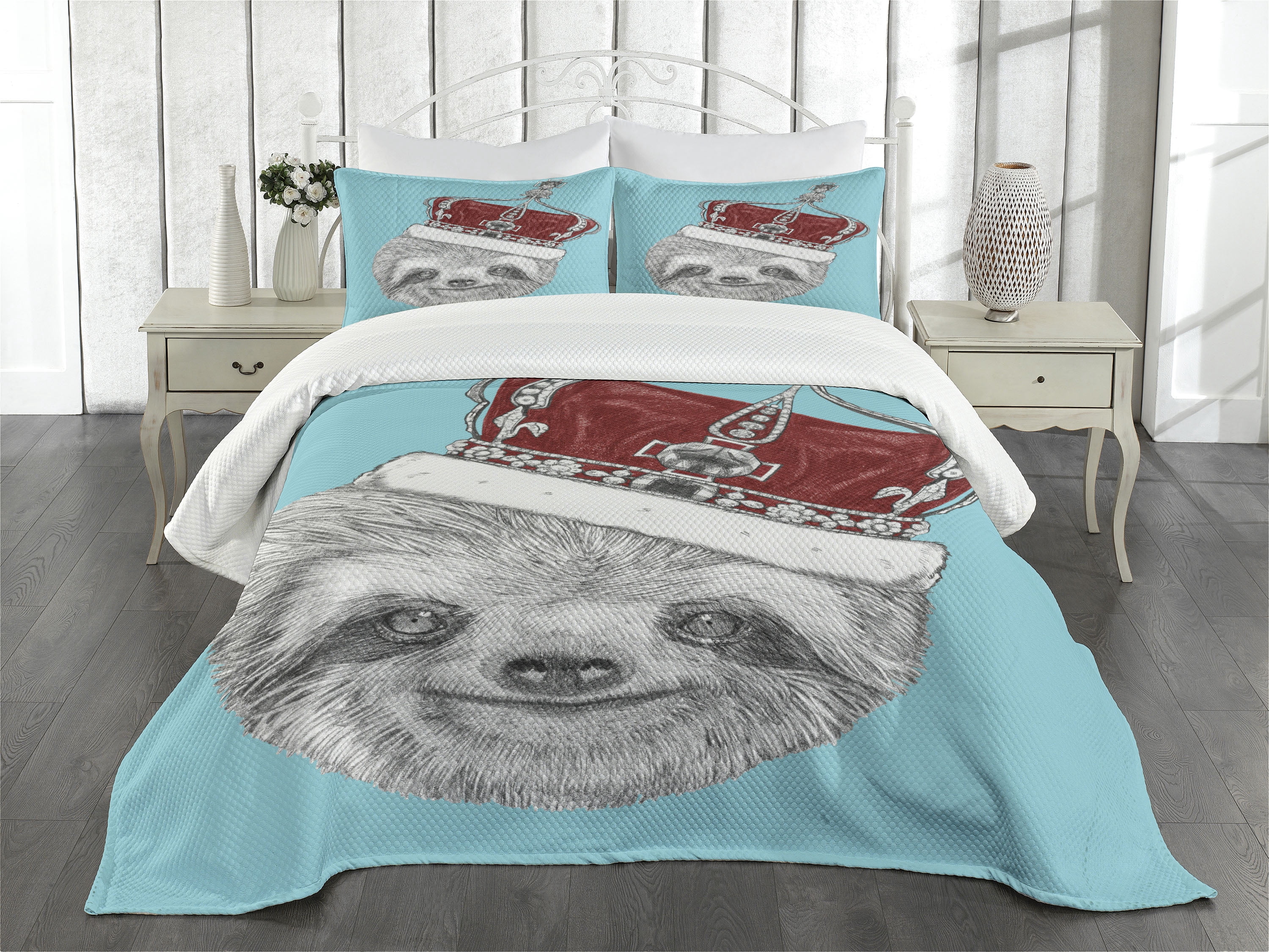 Ambesonne Sloth Quilted Bedspread Set 3 Pcs, Sloth with Imperial Crown ...