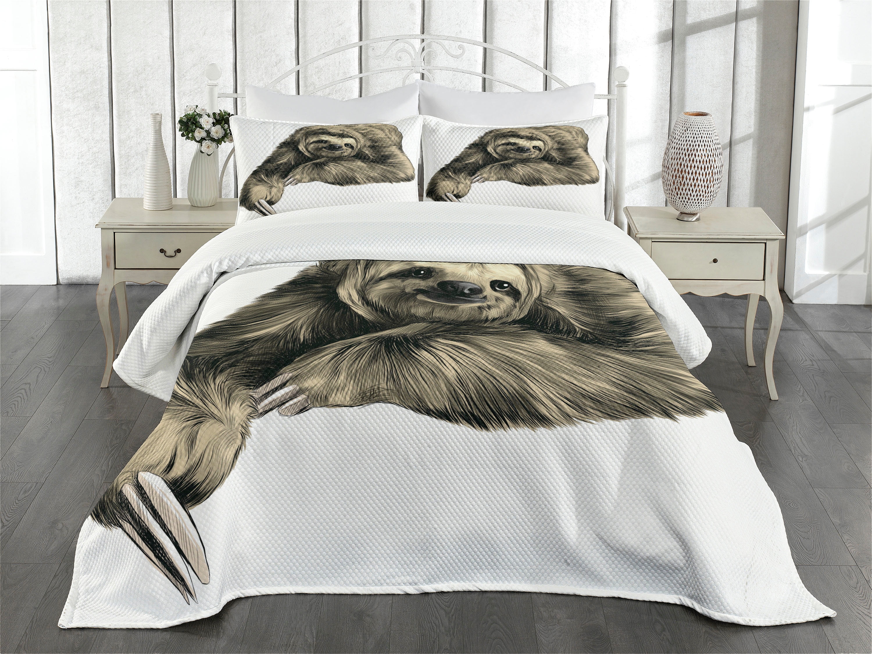 Ambesonne Sloth Quilted Bedspread Set 3 Pcs, Tropical Animal Smiling ...