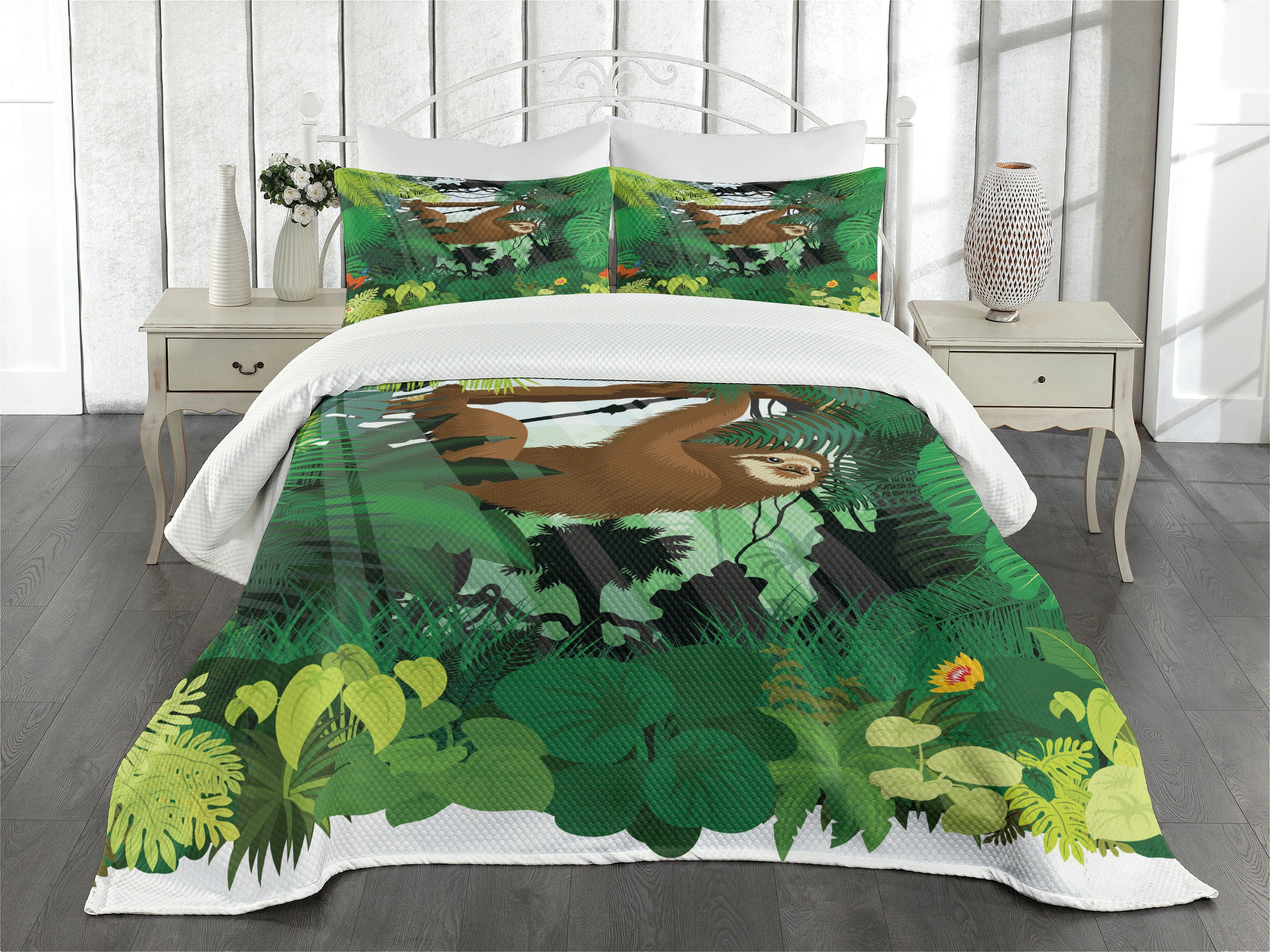 Ambesonne Sloth Quilted Bedspread Set 3 Pcs, Vibrant Rainforest Plants ...