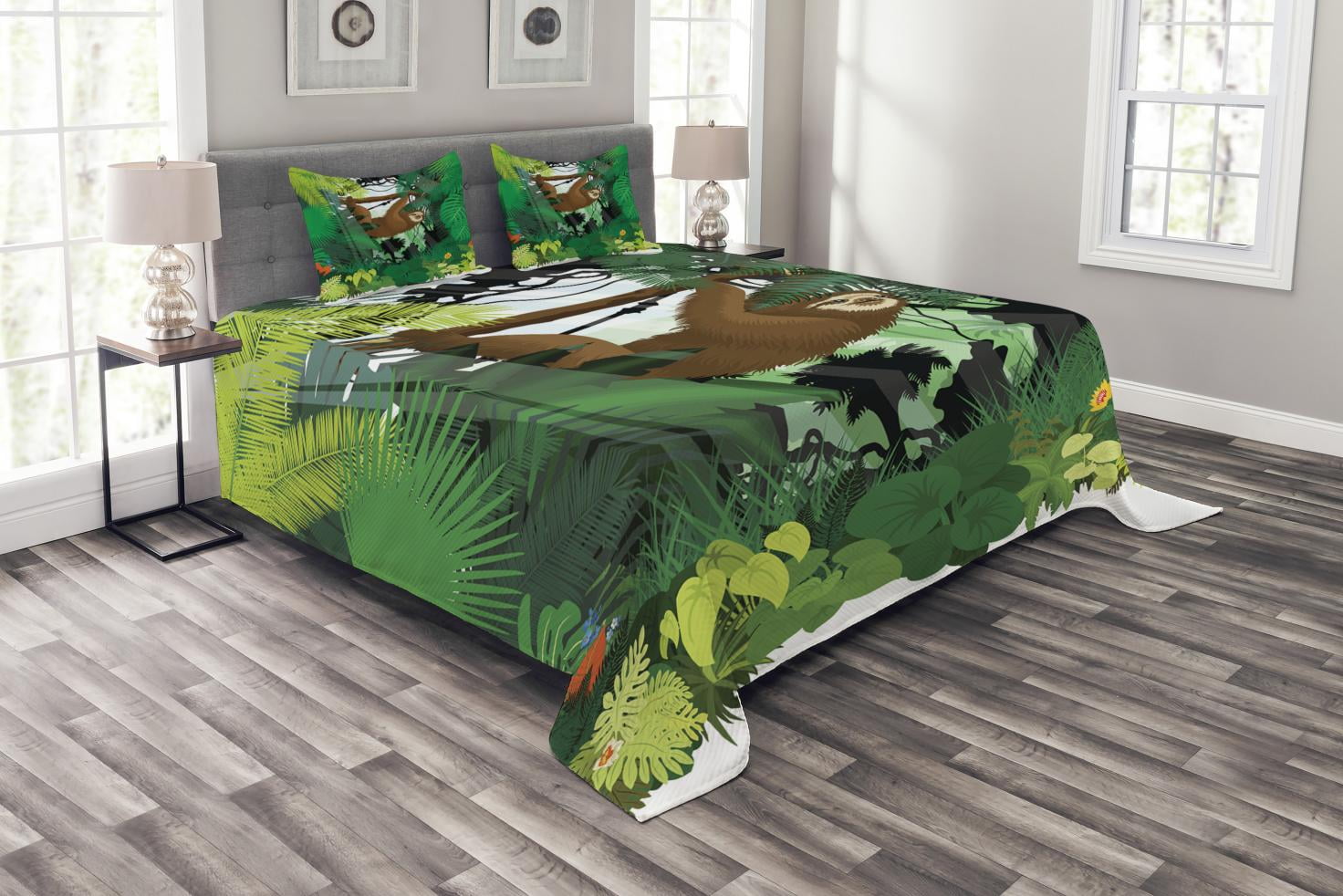 Ambesonne Sloth Quilted Bedspread Set 3 Pcs, Vibrant Rainforest Plants ...