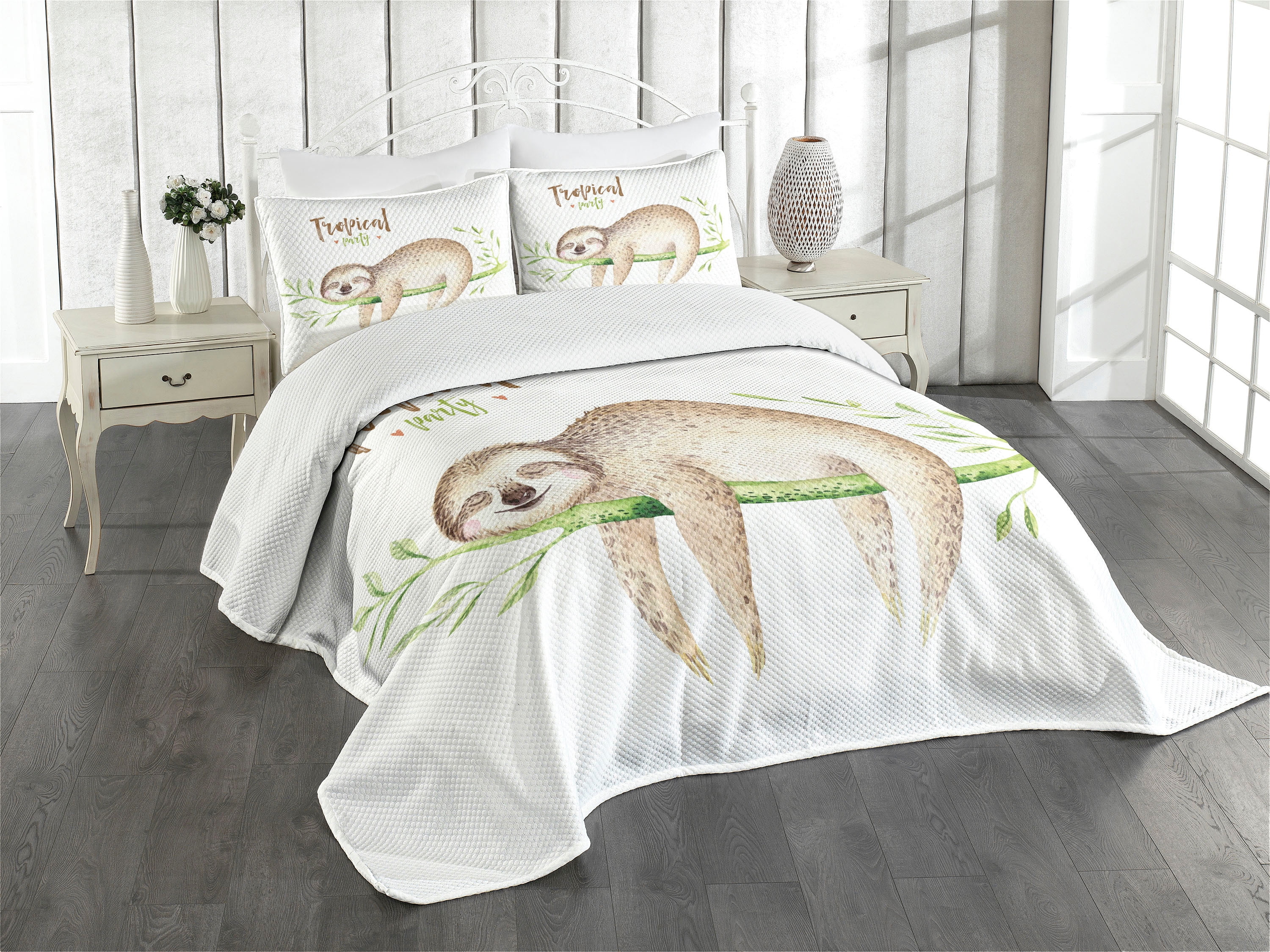 Ambesonne Sloth Quilted Bedspread Set 3 Pcs, Young Animal on Palm Tree ...