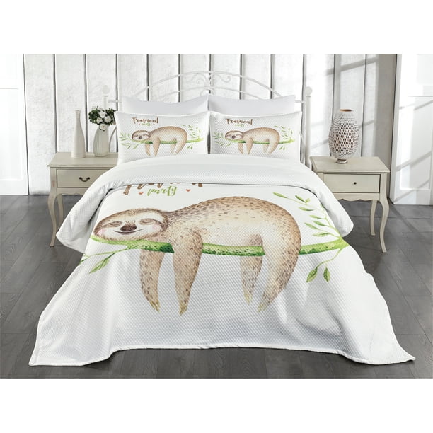 Ambesonne Sloth Quilted Bedspread Set 3 Pcs, Young Animal on Palm Tree ...