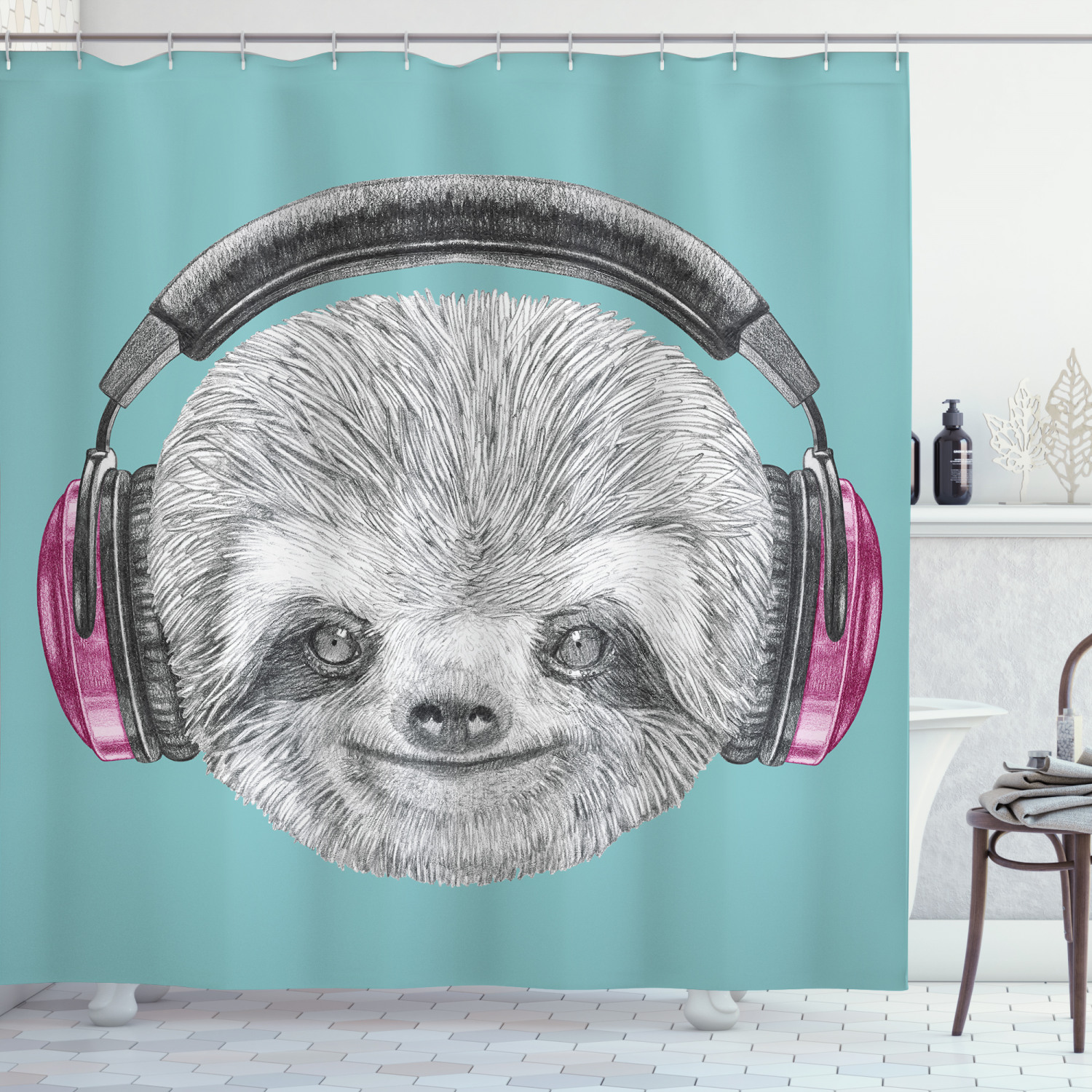 Ambesonne Sloth Shower Curtain, DJ Sloth Headphones, 69"Wx70"L, Teal ...