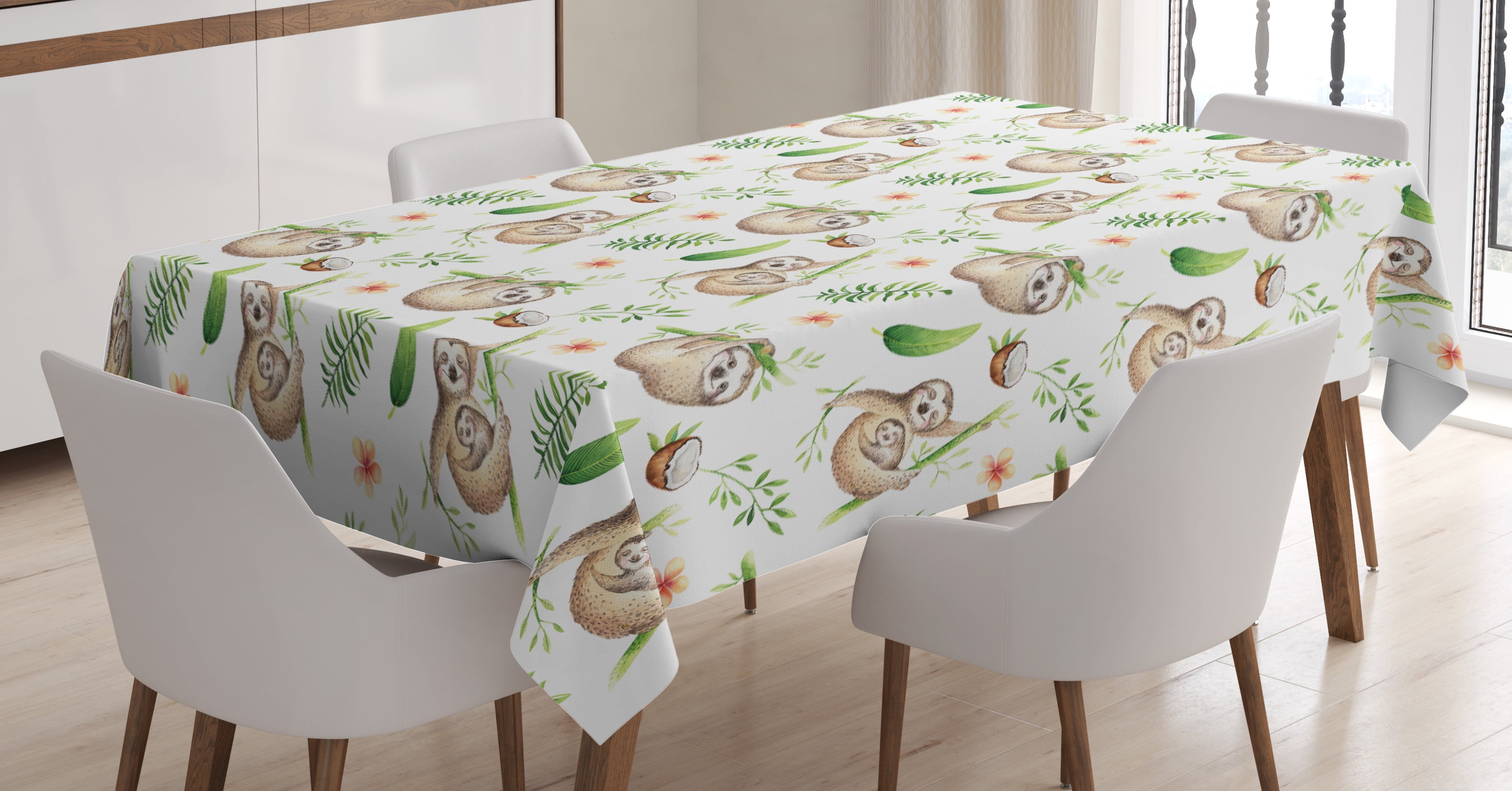 Ambesonne Sloth Tablecloth Rectangular Table Cover, Mother and Flowers ...