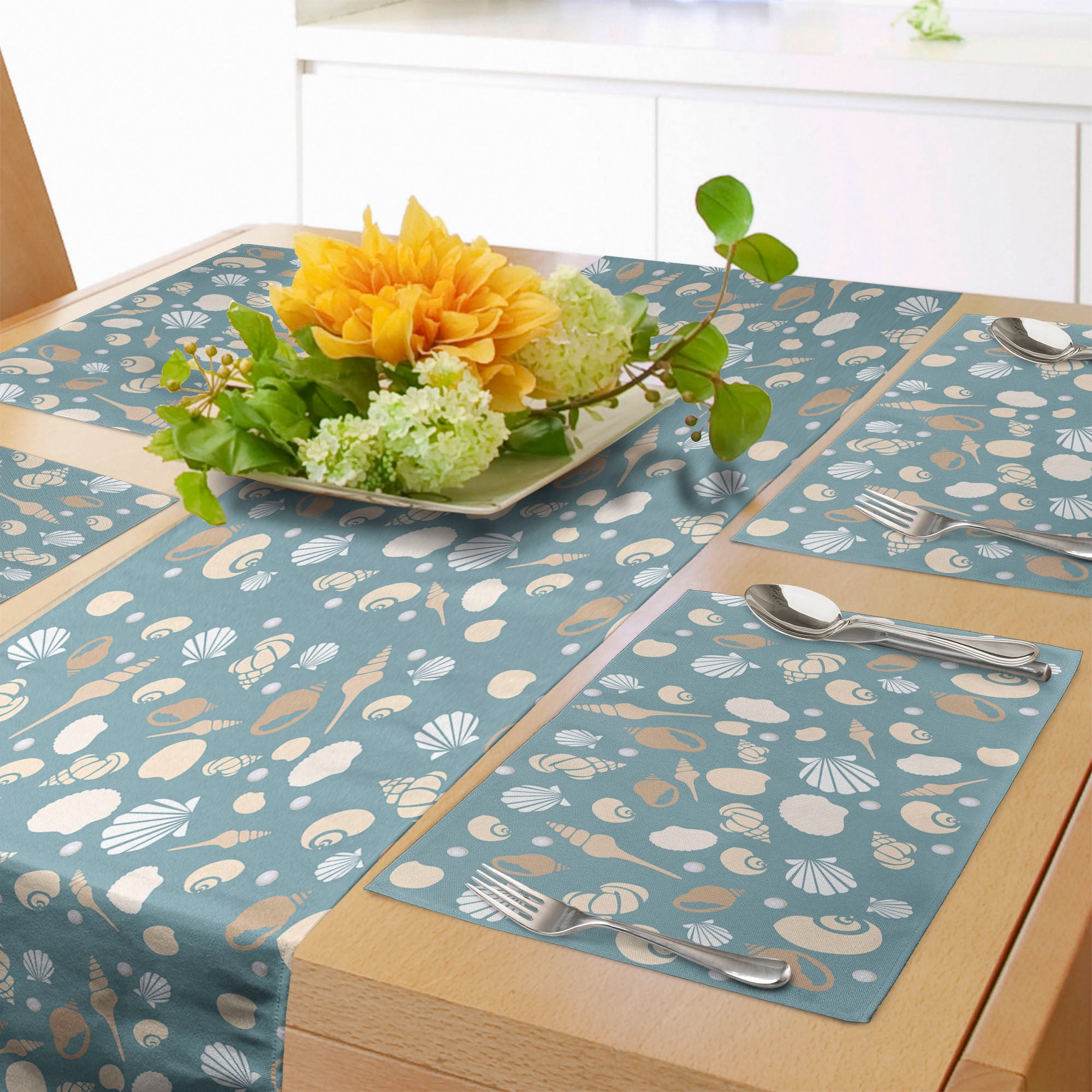 Ambesonne Snail Table Runner & Placemats, Various Aquatic Seashells ...