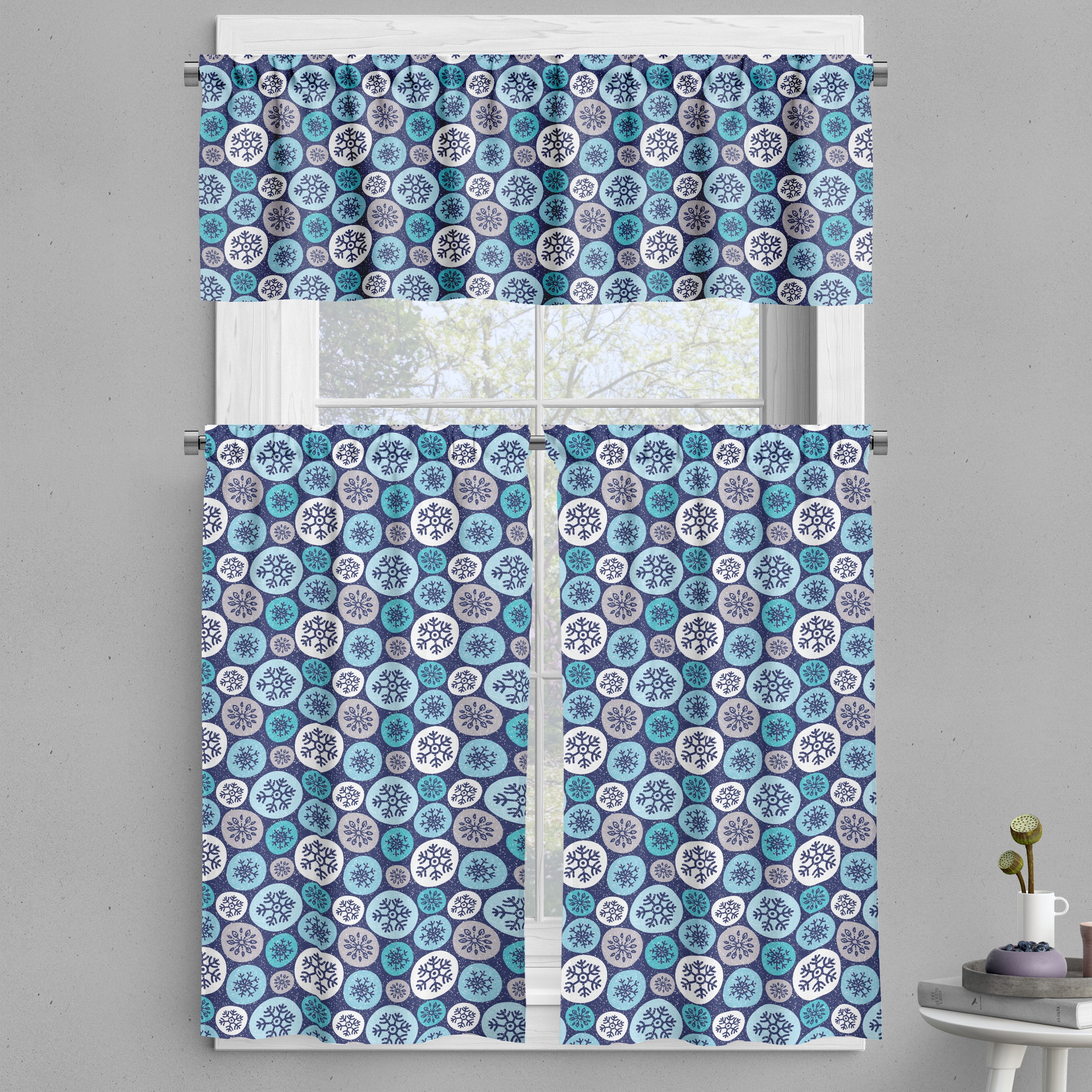 Ambesonne Snowflake Valance & Curtain, Winter Xmas Rounds Grunge, 55"x24", Indigo Blue and ...