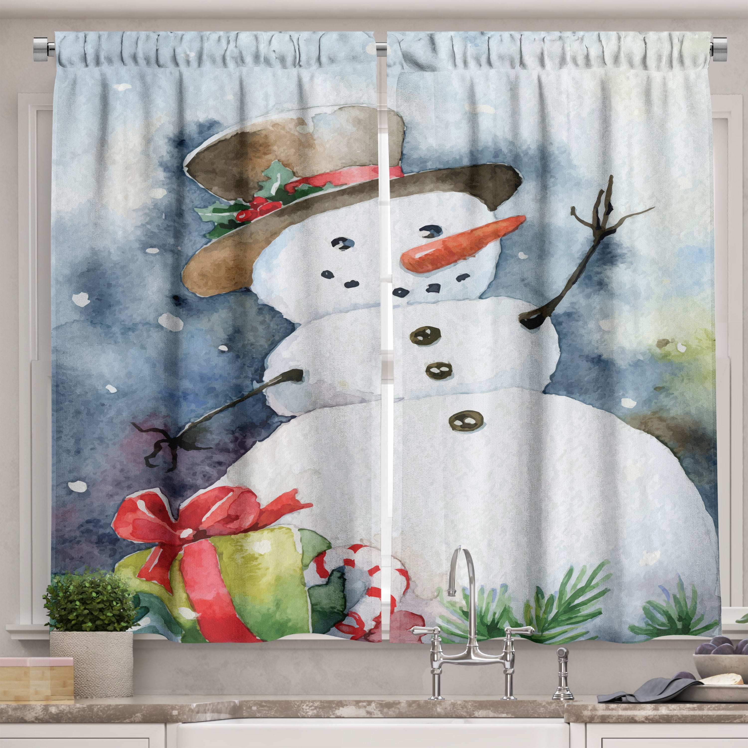 Ambesonne Snowman Kitchen Curtains, Christmas Hat and Presents, 55"x30 ...