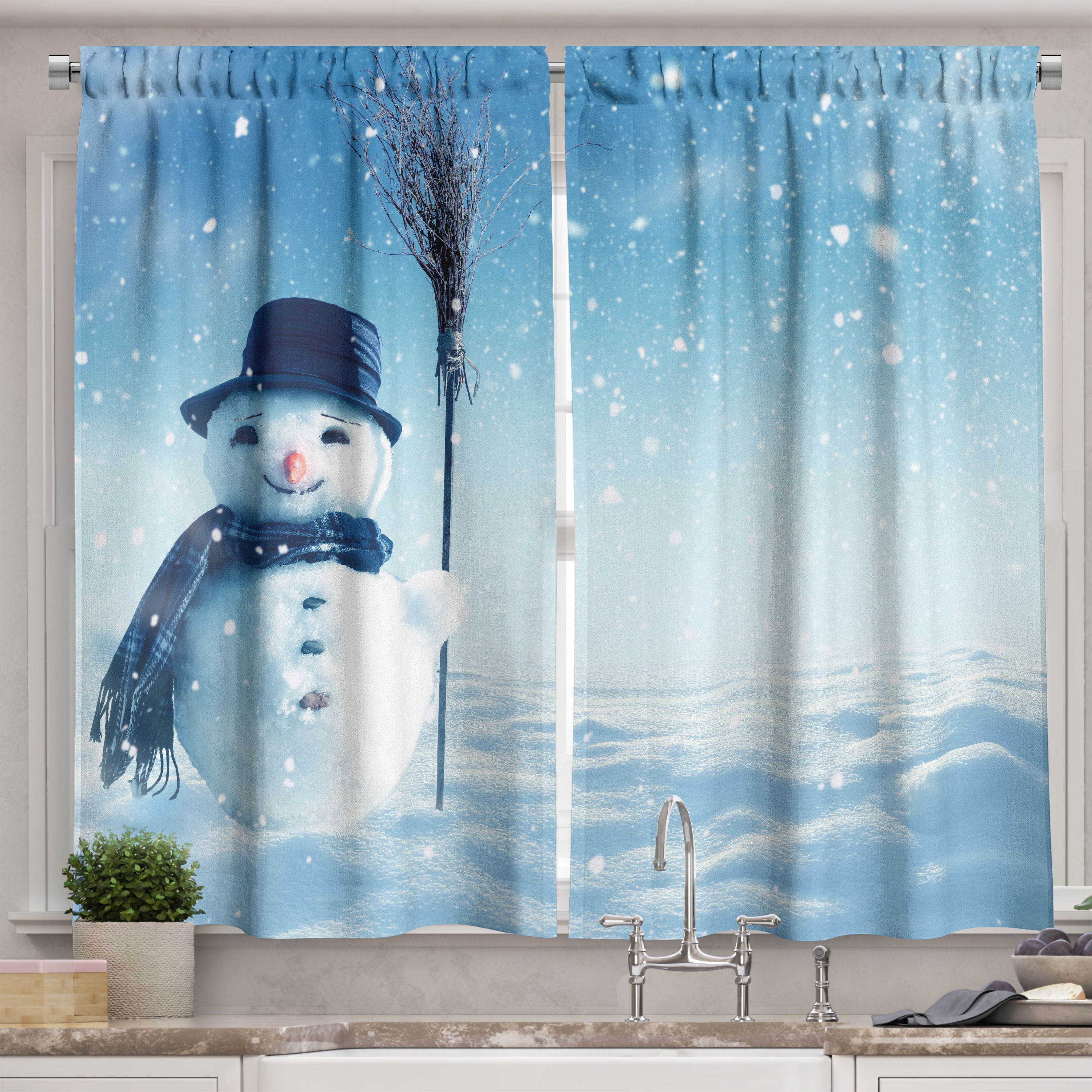 Ambesonne Snowman Kitchen Curtains, Wintry Land Snowy Cold, 55"x45 ...