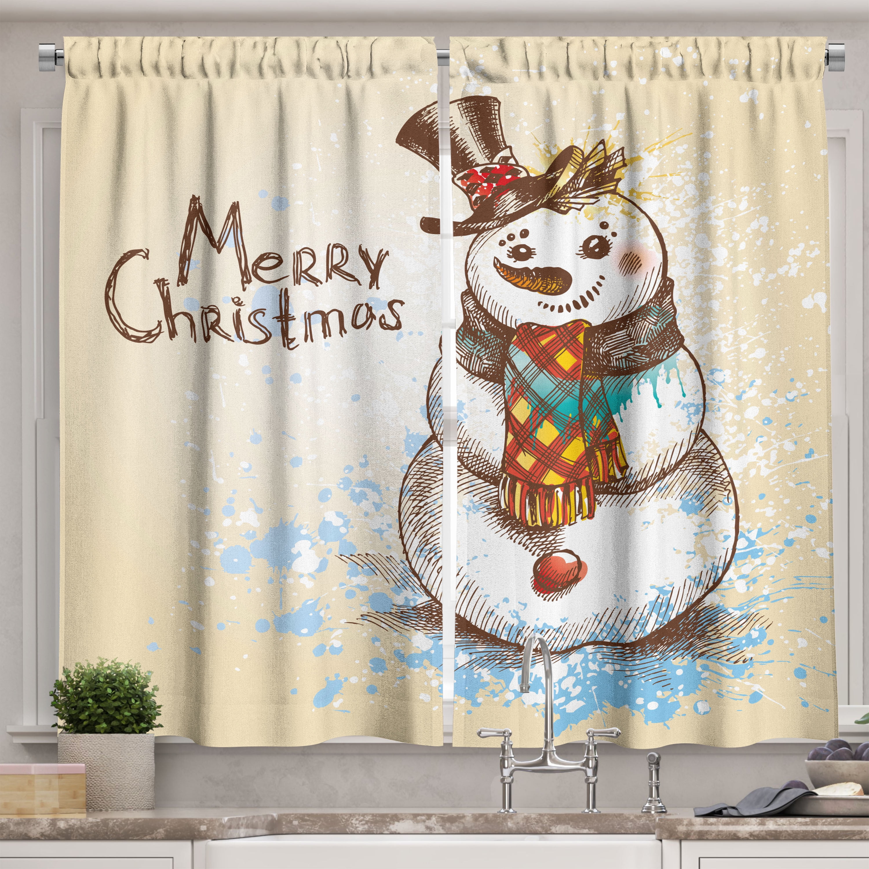 Ambesonne Snowman Kitchen Curtains, Xmas Sketch, 55"x39", Cream Brown ...