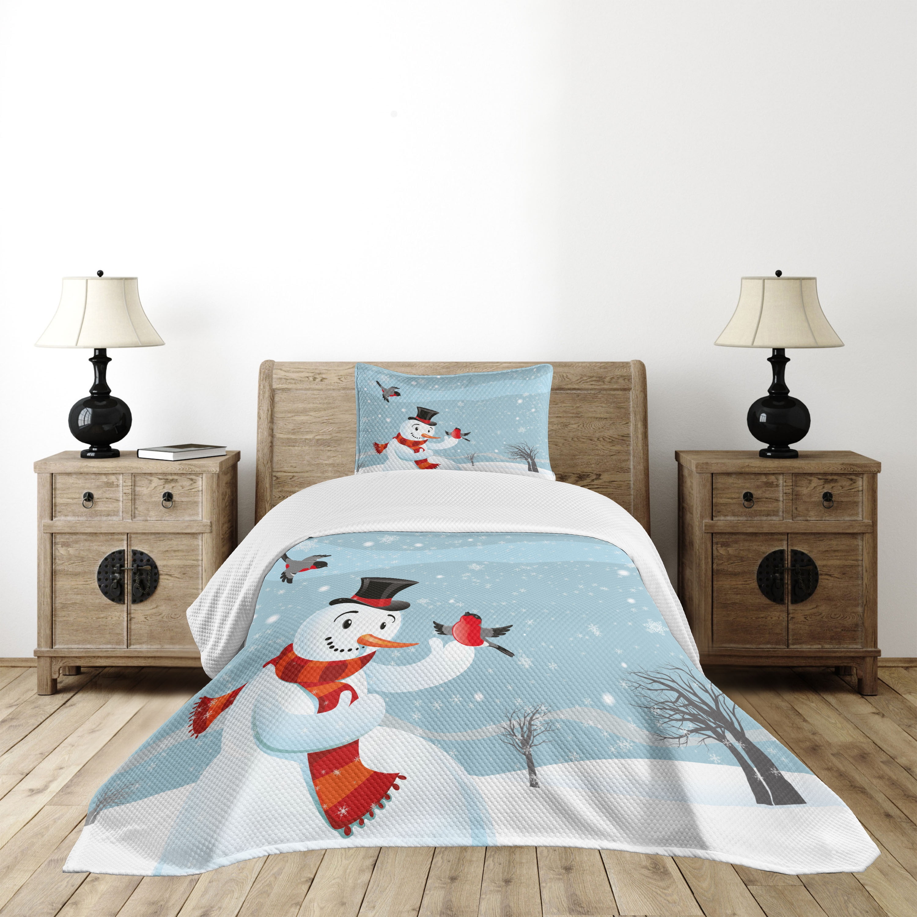 Ambesonne Snowman Quilted Bedspread Set 2 Pcs, New Year's Eve Birds ...