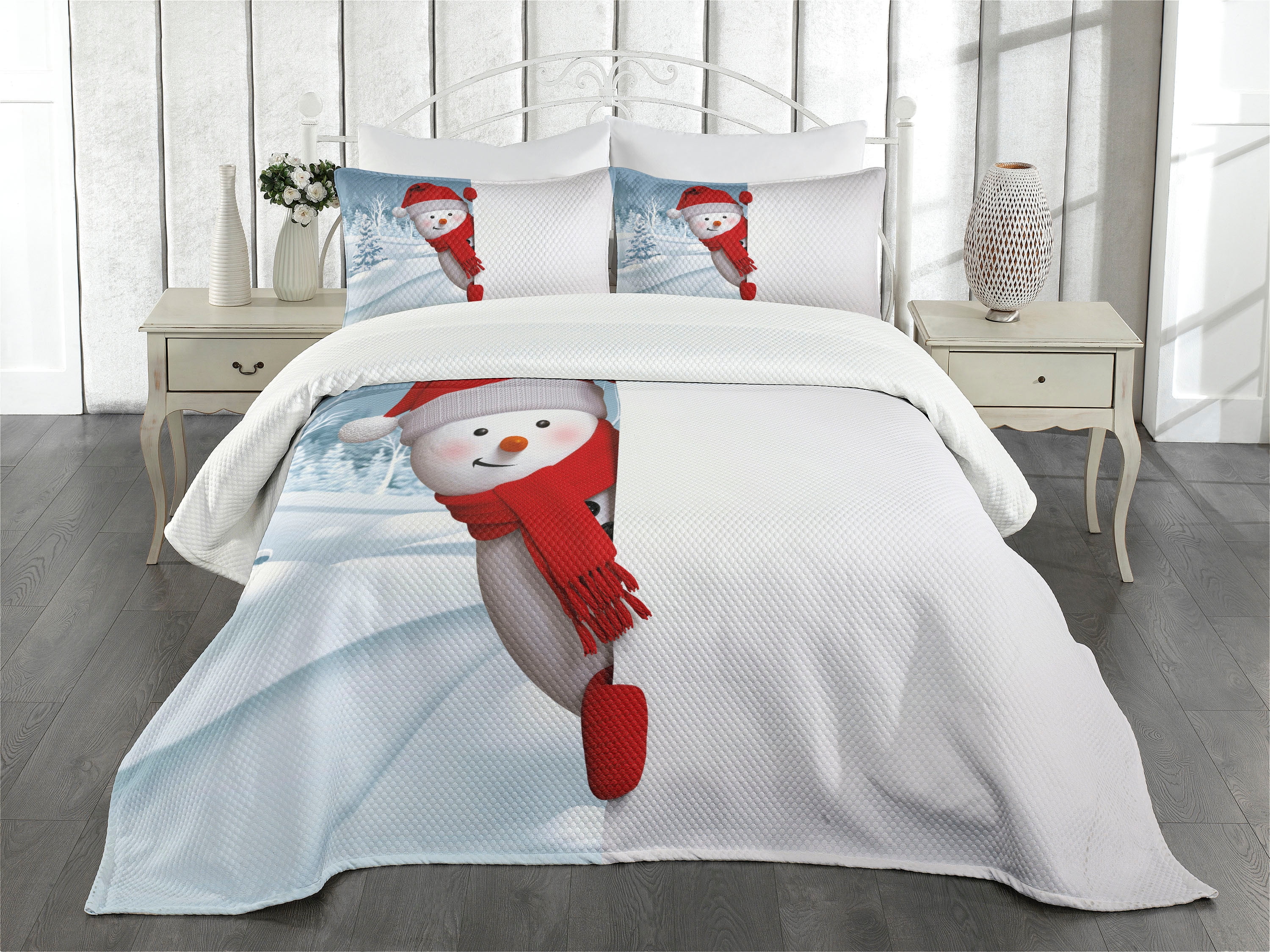 Ambesonne Snowman Quilted Bedspread Set 3 Pcs, Funny Peaceful Woods ...