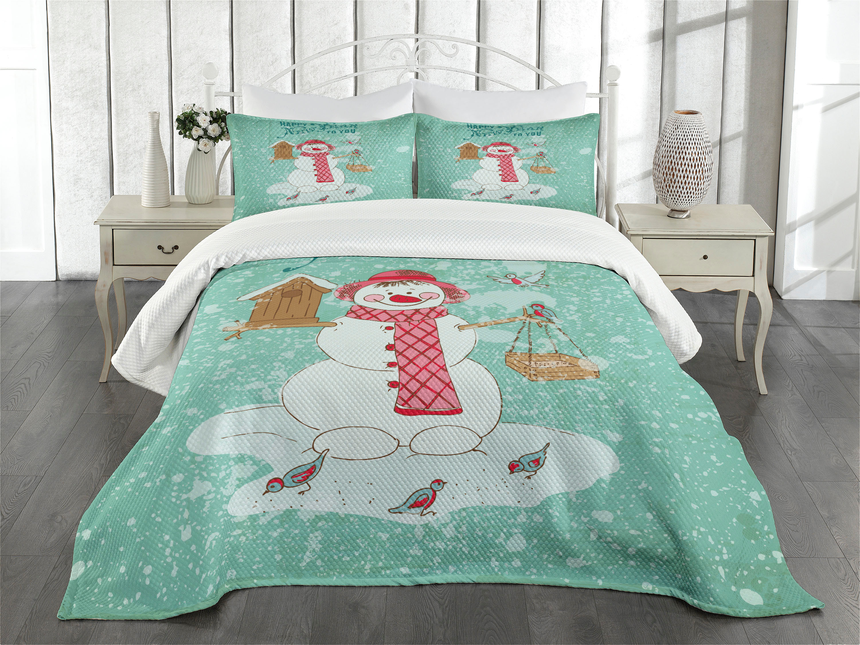 Ambesonne Snowman Quilted Bedspread Set 3 Pcs, Happy New Year, King ...