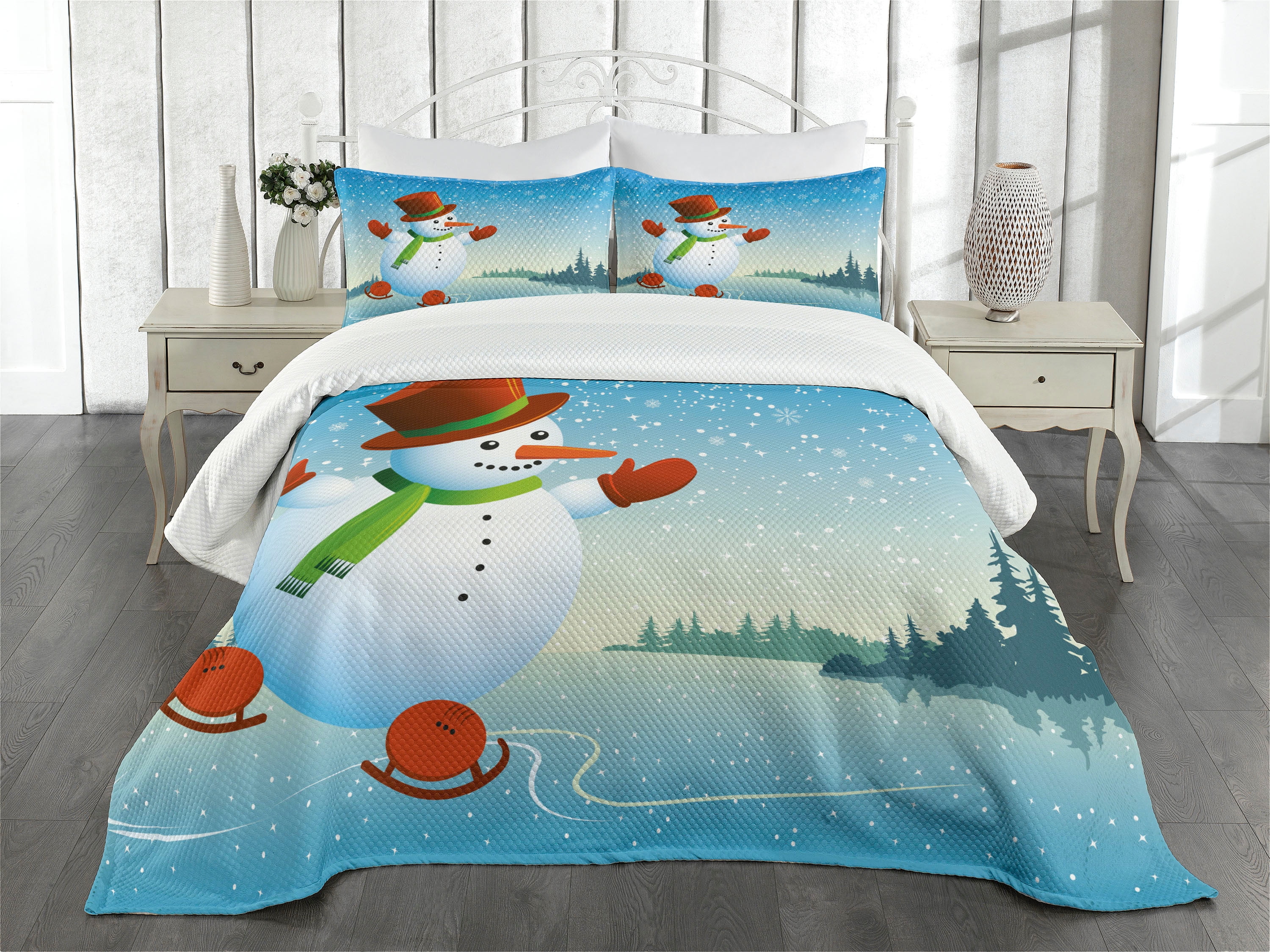 Ambesonne Snowman Quilted Bedspread Set 3 Pcs, Skating Happy Cartoon ...