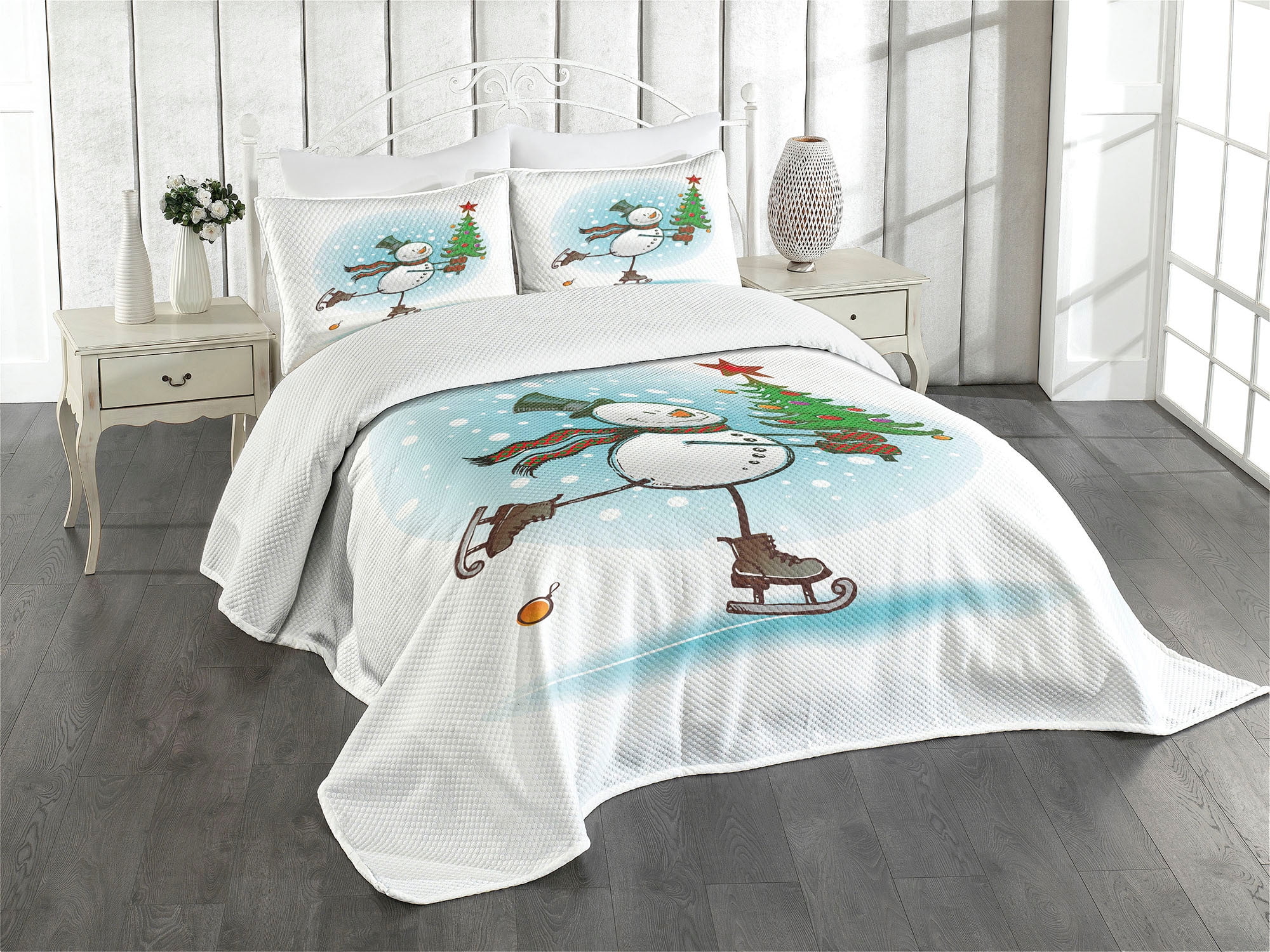 Ambesonne Snowman Quilted Bedspread Set 3 Pcs, Skating Xmas Tree Snow ...