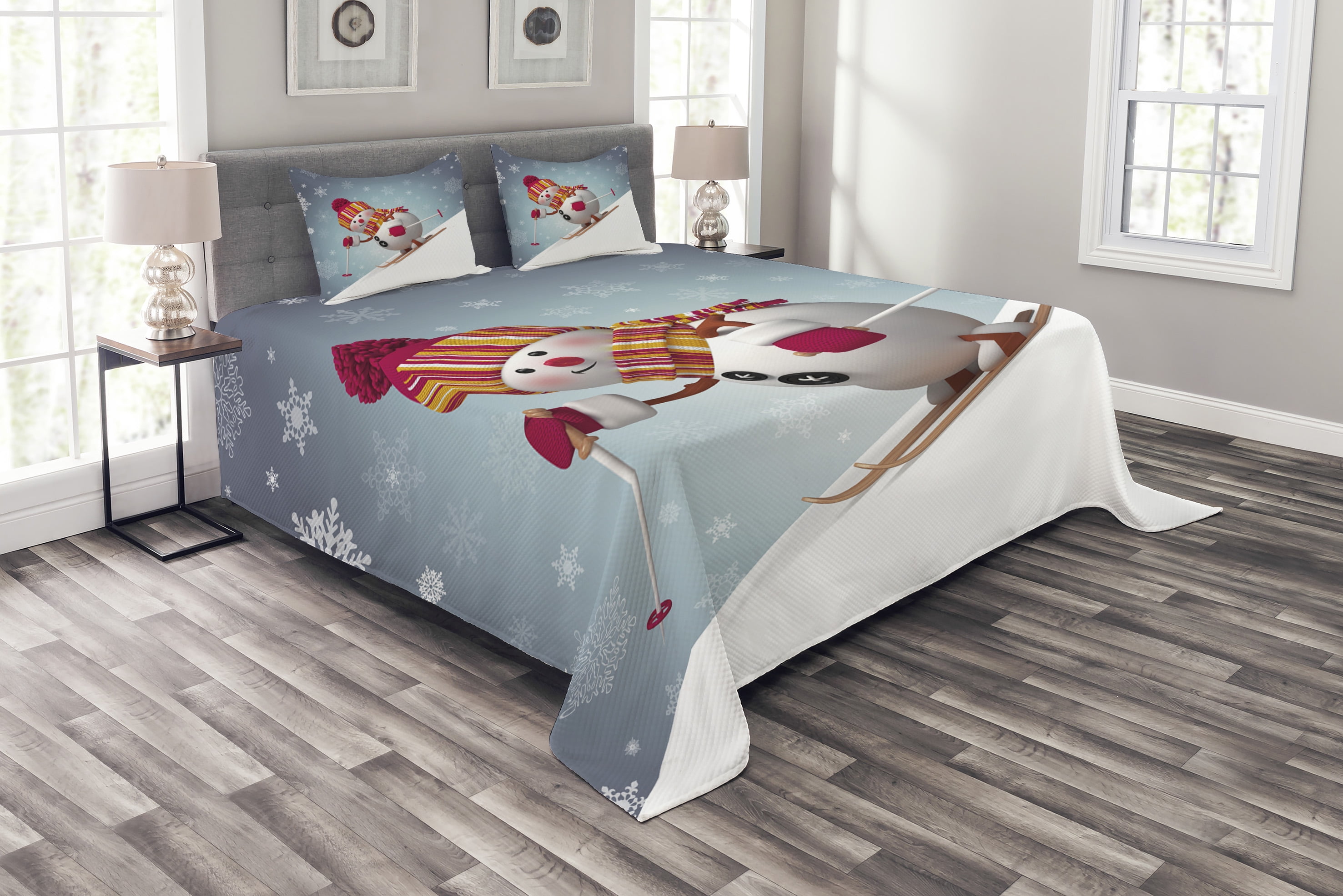 Ambesonne Snowman Quilted Bedspread Set 3 Pcs, Skiing 3D Style Winter ...