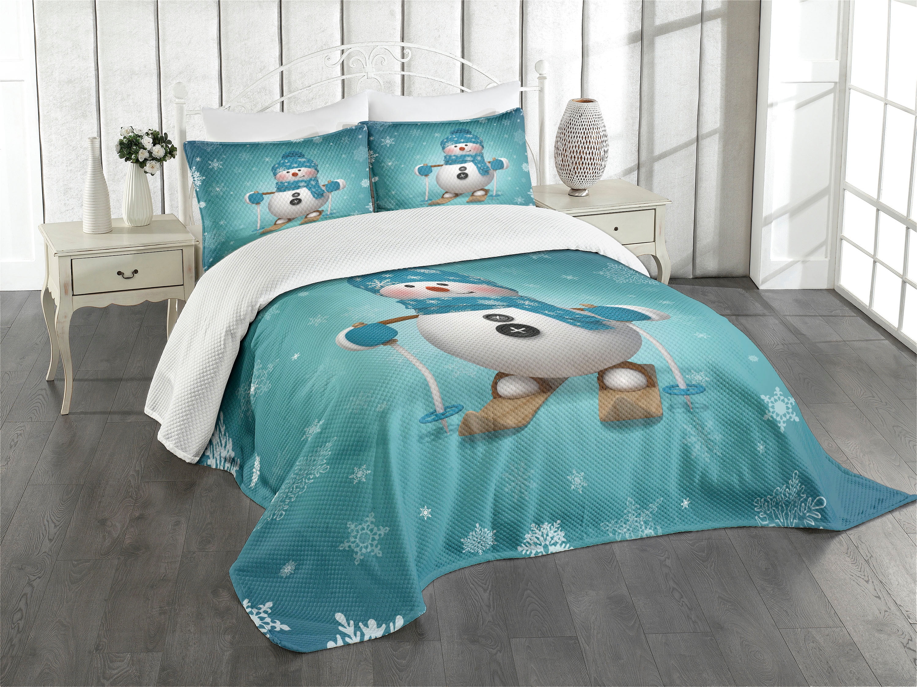 Ambesonne Snowman Quilted Bedspread Set 3 Pcs, Skiing Snowflakes Fun ...