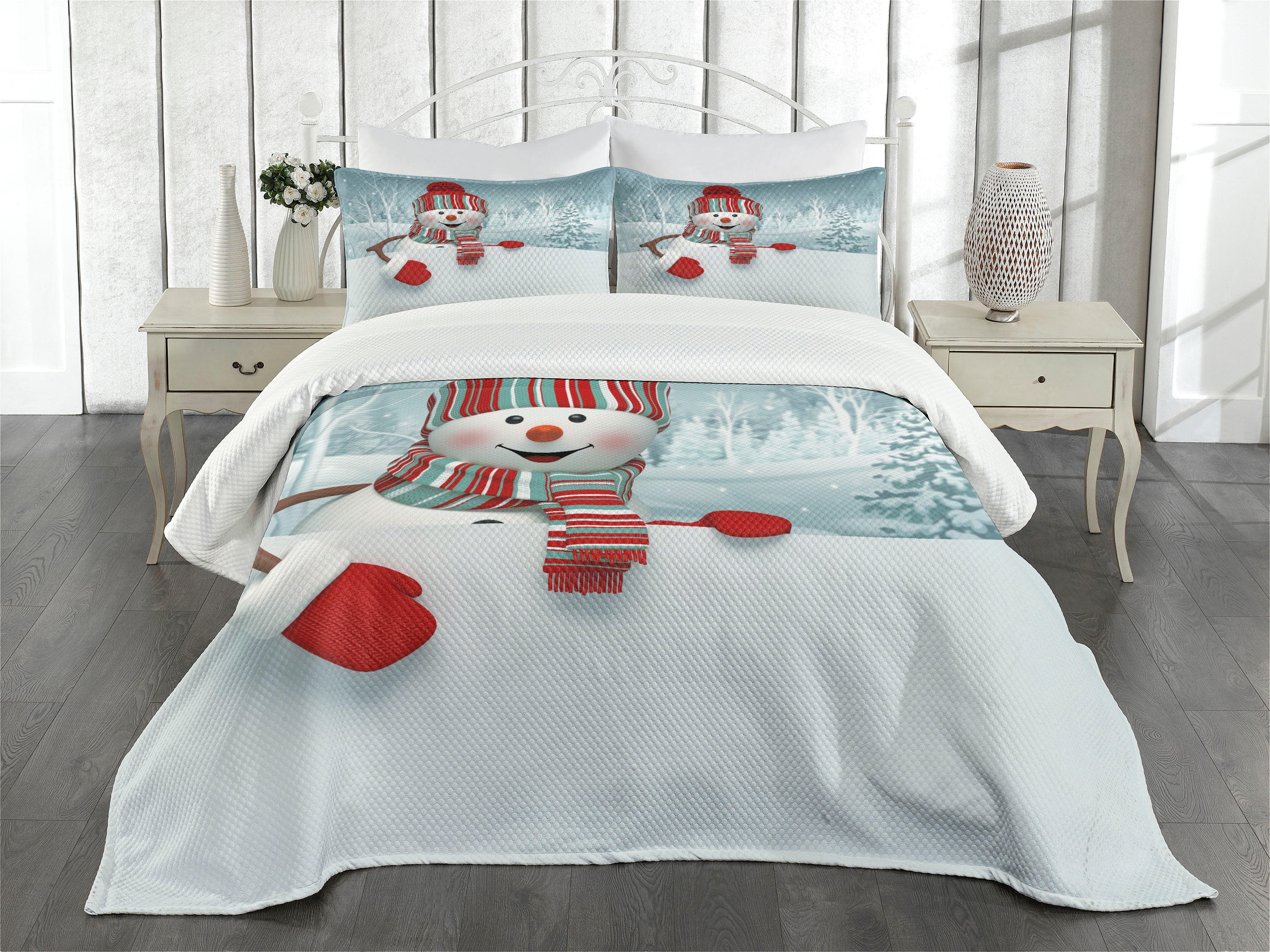 Ambesonne Snowman Quilted Bedspread Set 3 Pcs, Smiling 3D Mascot Trees ...