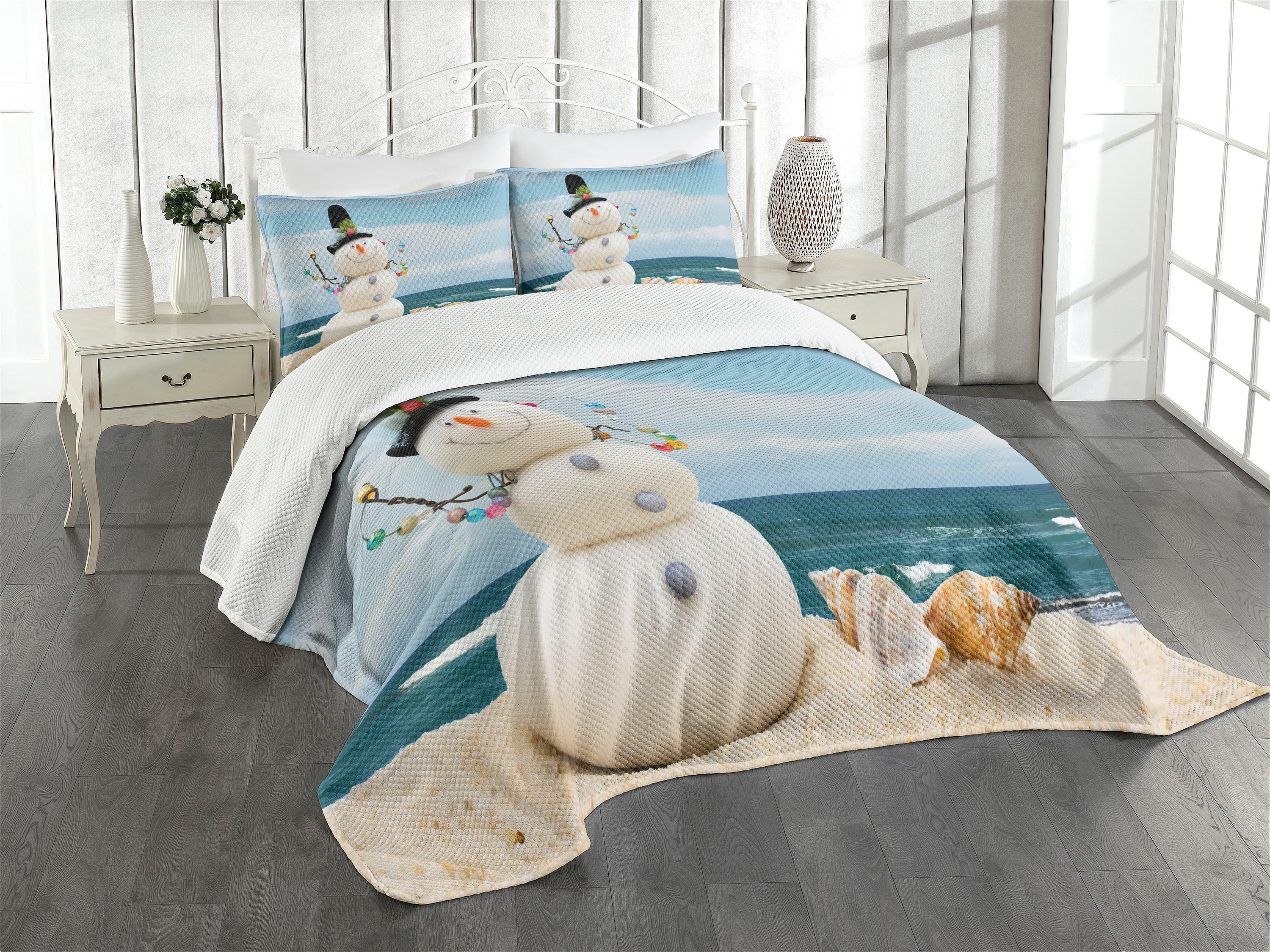 Ambesonne Snowman Quilted Bedspread Set 3 Pcs, Winter Vacation Coastal ...