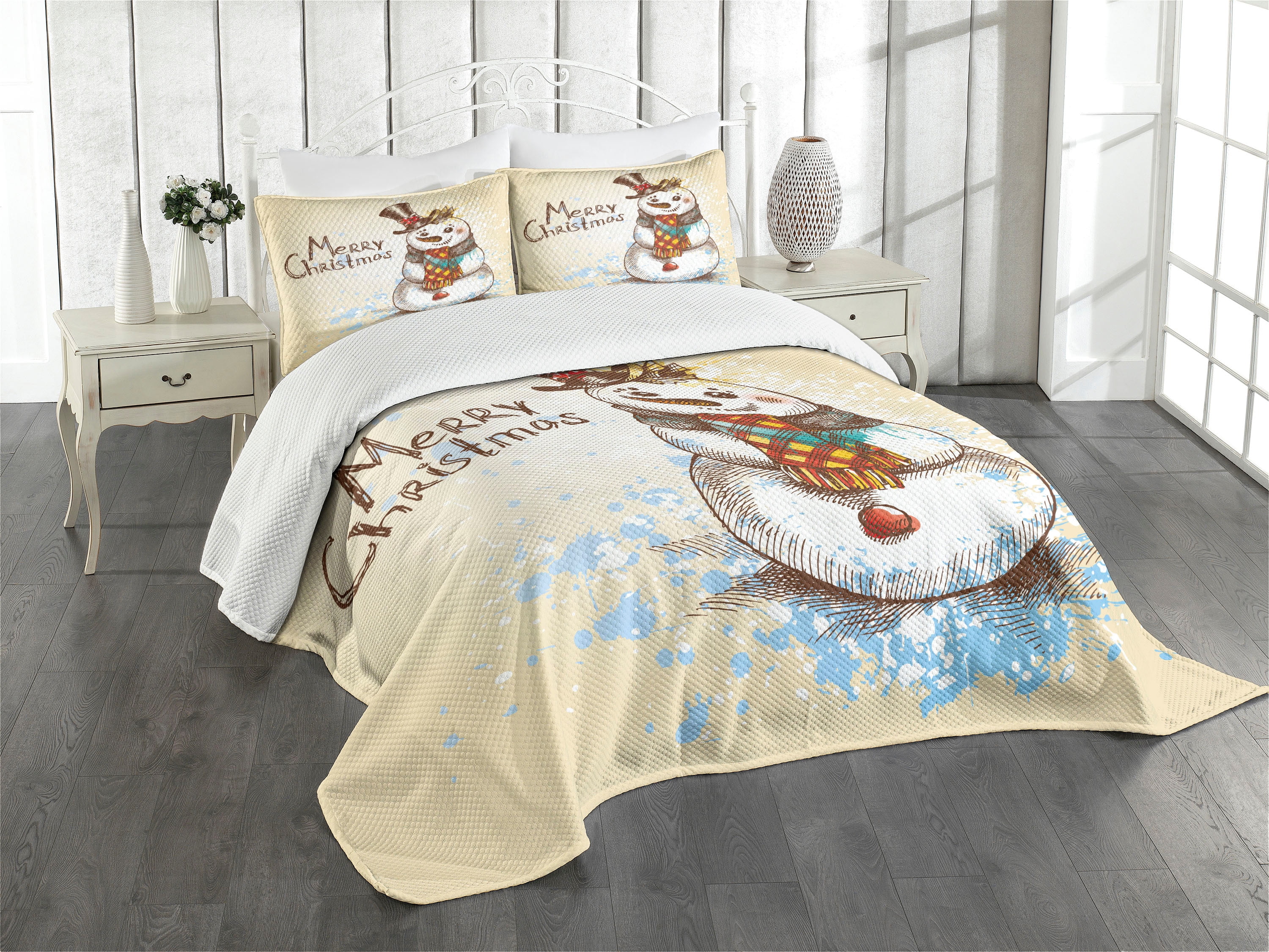 Ambesonne Snowman Quilted Bedspread Set 3 Pcs, Xmas Sketch, King Size ...
